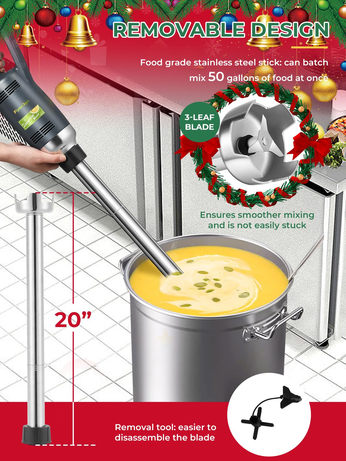 Flyseago Commercial Immersion Blender Hand held Blenders Heavy Duty Variable Speed Mixer 4000-16000RPM with 20-Inch Removable Shaft 50-Gallon Capacity 500W Multifunction Pro Electric Stick Emulsifier