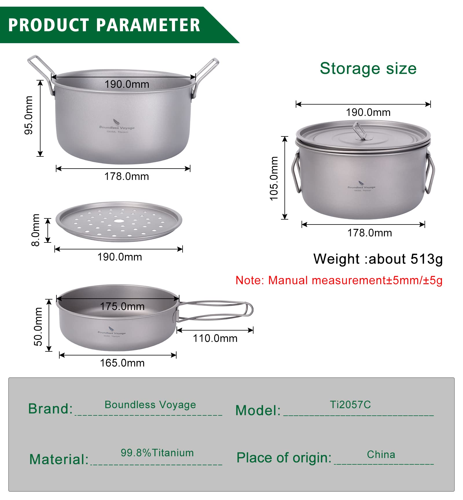 Boundless Voyage Titanium Steamer Pot Frying Pan Set with Lid Outdoor Camping Saucepan Mess Kit Multifunctional Cooking Pot Ti2057C