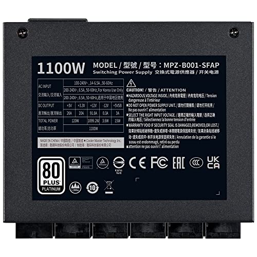 Cooler Master V 1100 SFX Platinum, UK Plug - 80 Plus Platinum, Fully Modular Power Supply Unit, Fits Mini-ITX to ATX Cases, Full ATX 3.0 Support, Quiet 92mm FDB Fan, 10-Year Warranty - 1100W