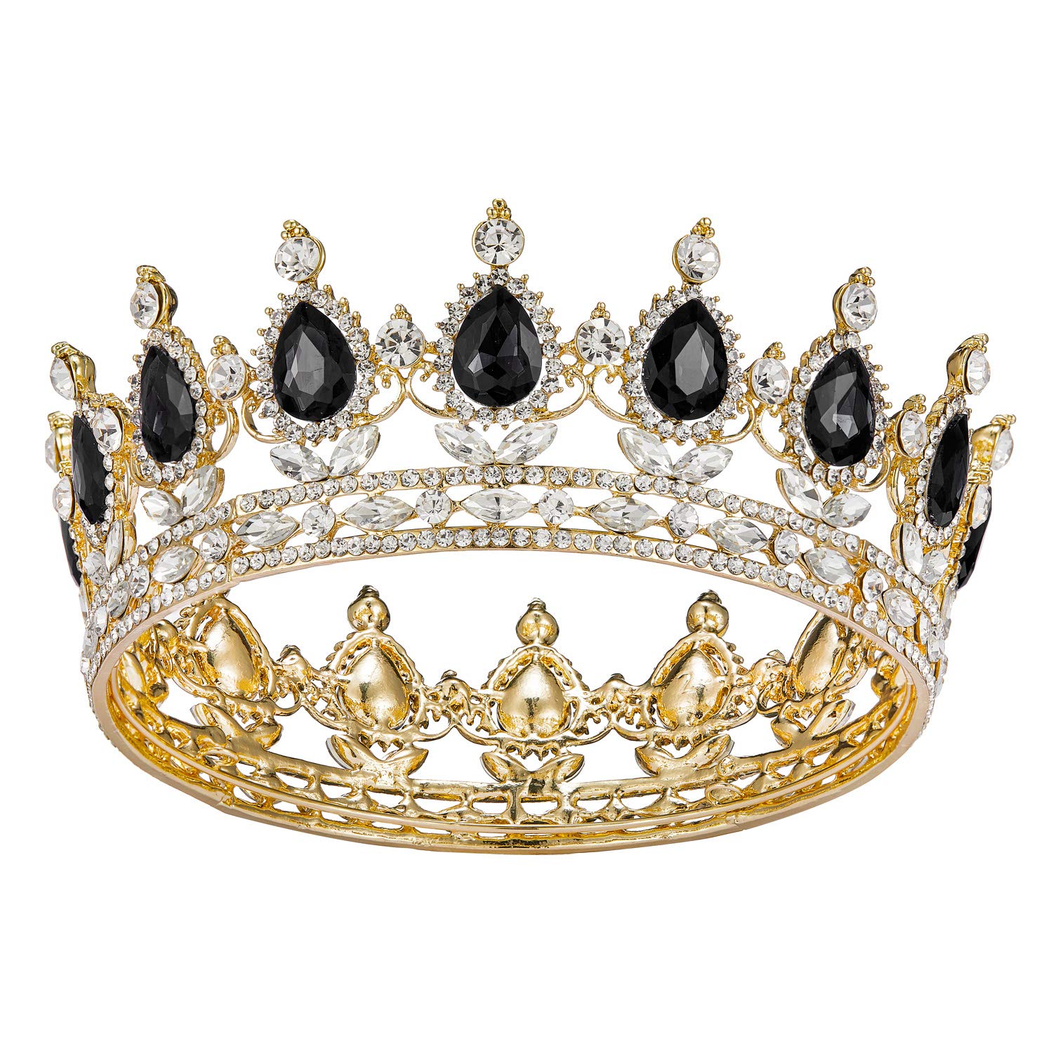 SWEETV Crystal Queen Crown for Women, Rhinestone Wedding Tiara Headband, Full Round Princess Crown Hair Accessories for Prom Birthday Costume Party,Champagne+Gold