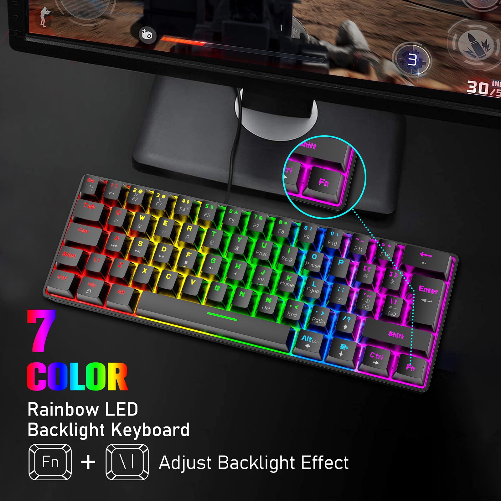 Mechanical Gaming Keyboard and Mouse Mini Wired Combo with RGB Headset Rainbow Backlight Ergonomic 62Key Anti-Ghosting Adjustable Mic 6400DPI Mice USB-C for PC Gamer Computer Typist(Black/Red Switch)