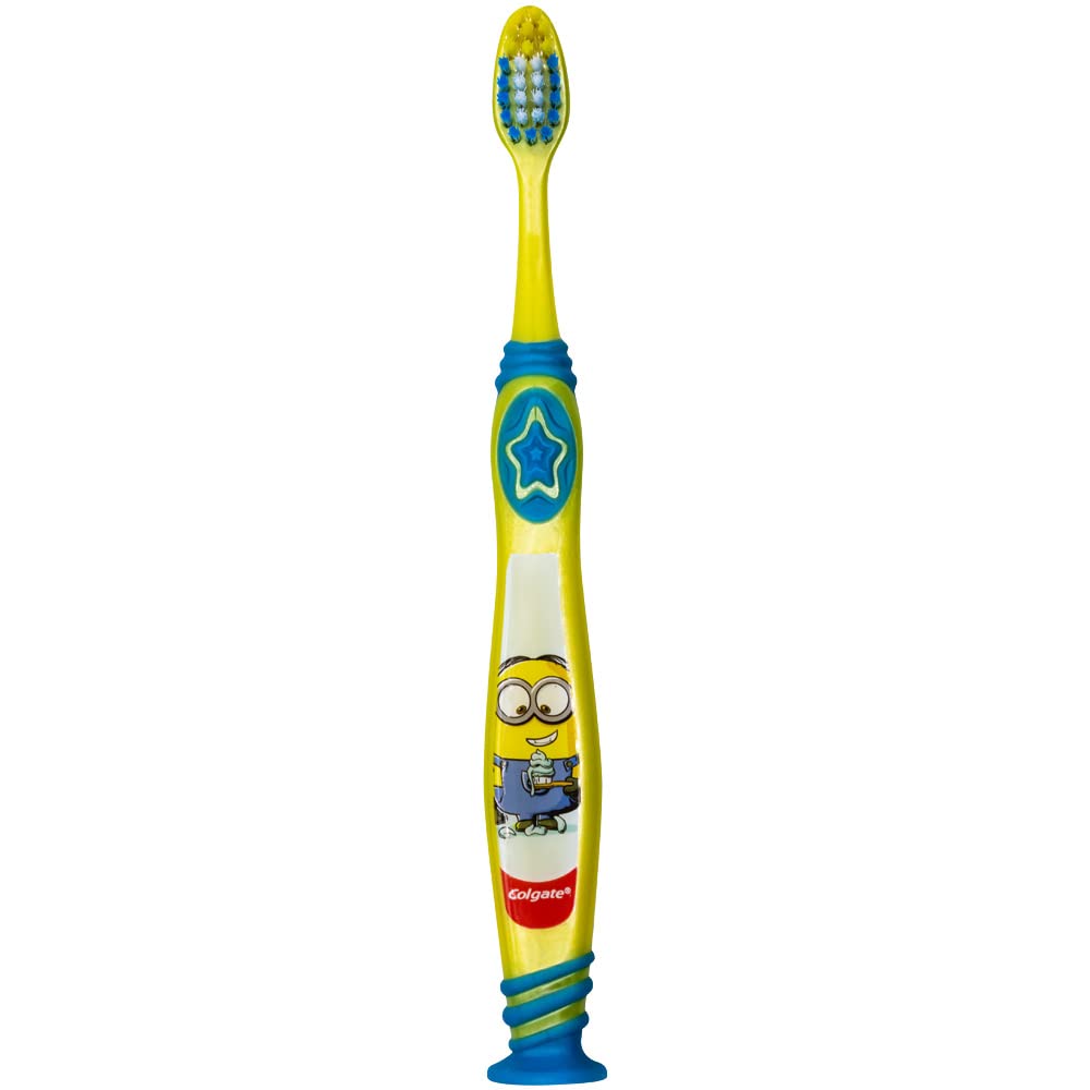 Colgate Minions Toothbrush with Suction Cup, Tongue Cleaner 5+ Years, Extra Soft (Colors Vary) - Pack of 2