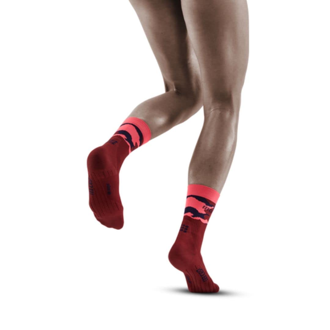 CEP The Run Socks, Women's, Mid Cut Crew, CAMOCLOUD, Running Socks, Pink/Peacoat, LG IV