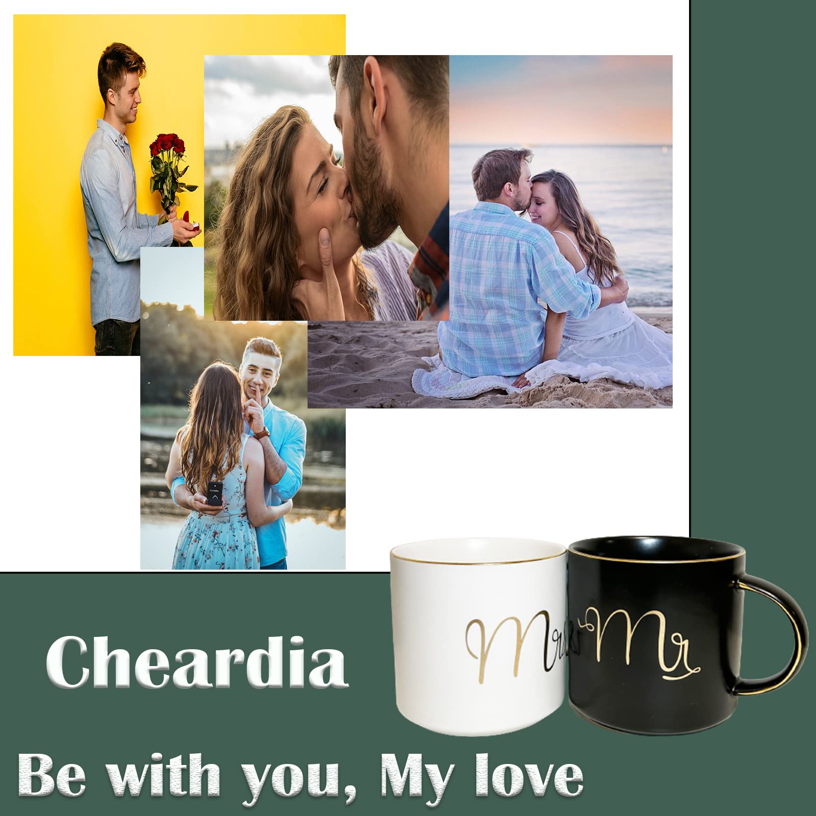 Cheardia 12 oz Mr and Mrs Mugs, Ceramic Coffee Mug Set Engagement Gifts for Couples, His and Hers Mugs for Bride and Groom, Anniversary, Valentines, Bridal Shower, Wedding, Black & White
