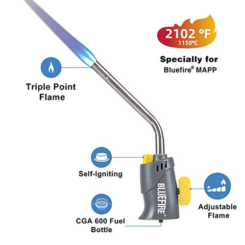 BLUEFIRE Trigger Start Gas Welding Torch Head with MAPP Kit,Extend 1.5" Tube Piezo Self Ignition Nozzle Fuel by MAPP MAP PRO Propane 1lb Handheld Cylinder Soldering Brazing Triple-Point Flame