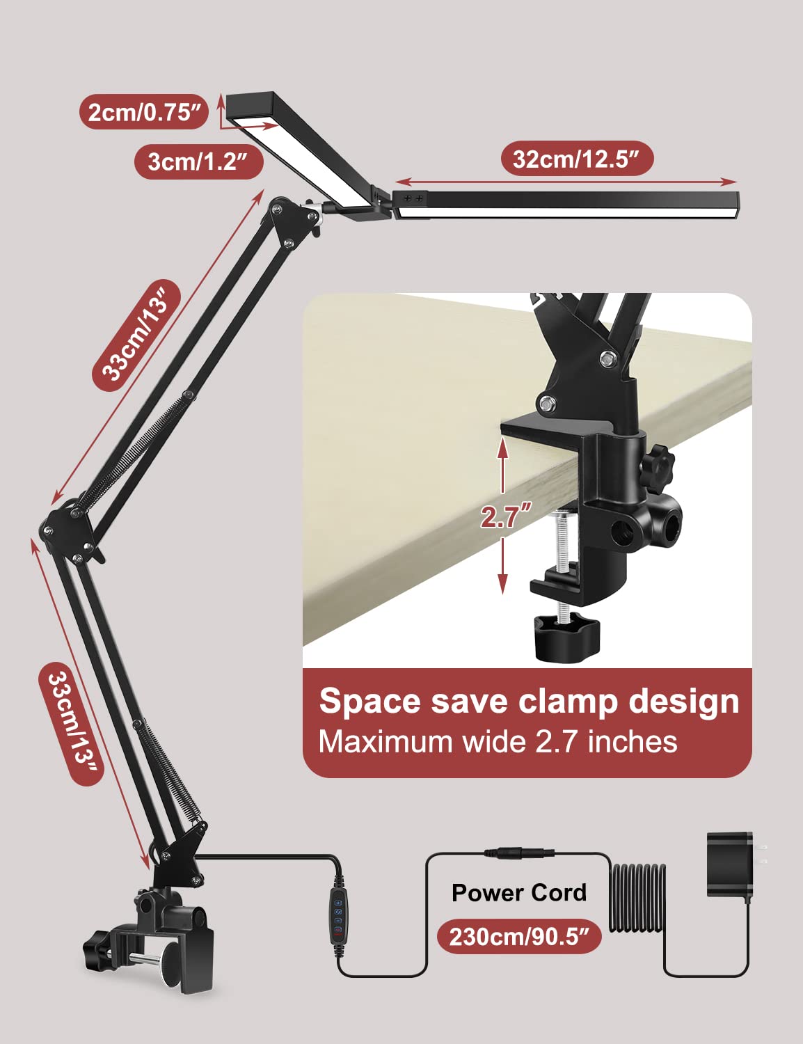 BRISON Double Head LED Desk Lamp, 24W for Home Office with 160 LED Beads, Swivel Arm Architect Desk Light with Clamp, 3 Lighting 10 Brightness, Adjustable Table Light for Read/Monitor/Work