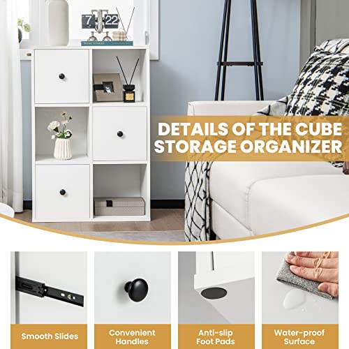 IFANNY 6 Cube Bookcase, 3 Tier Bookshelf with Drawers, Wood Storage Shelves, Modern Display Shelf, Cubical Book Cases, Small Book Shelf for Bedroom, Living Room, Home Office (White)
