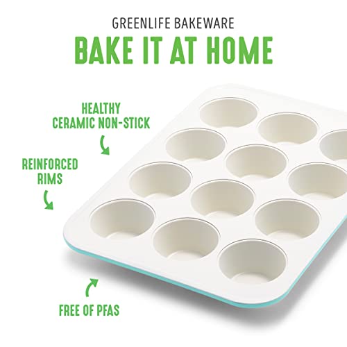 GreenLife Bakeware Healthy Ceramic Nonstick, 12 Cup Muffin and Cupcake Baking Pan, PFAS-Free, Turquoise