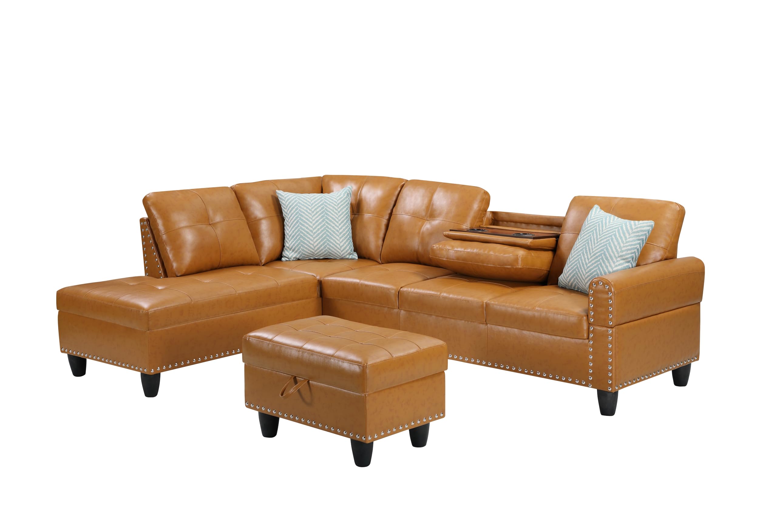 FANYE L-Shaped 5 Seaters Sectional Sofa with Right Chaise, Faux Leather Upholstered Corner Sofa&Couch W/2 Cup Holders and Storage Ottoman for Home Apartment Office Living Room