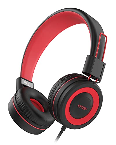 Eposy Kids Headphones, E10 Wired Headphones for Kids Foldable Stereo Bass Headphones with Adjustable Headband, Tangle-Free 3.5 mm Jack for School, On-Ear Headset for Boys Girls Cellphones(Black/Red)