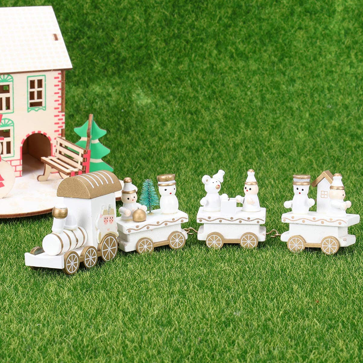 BESPORTBLE Christmas Train Mini Four-Section Wooden Train Desktop Ornament Colorful Painted Christmas Train Gift (White)