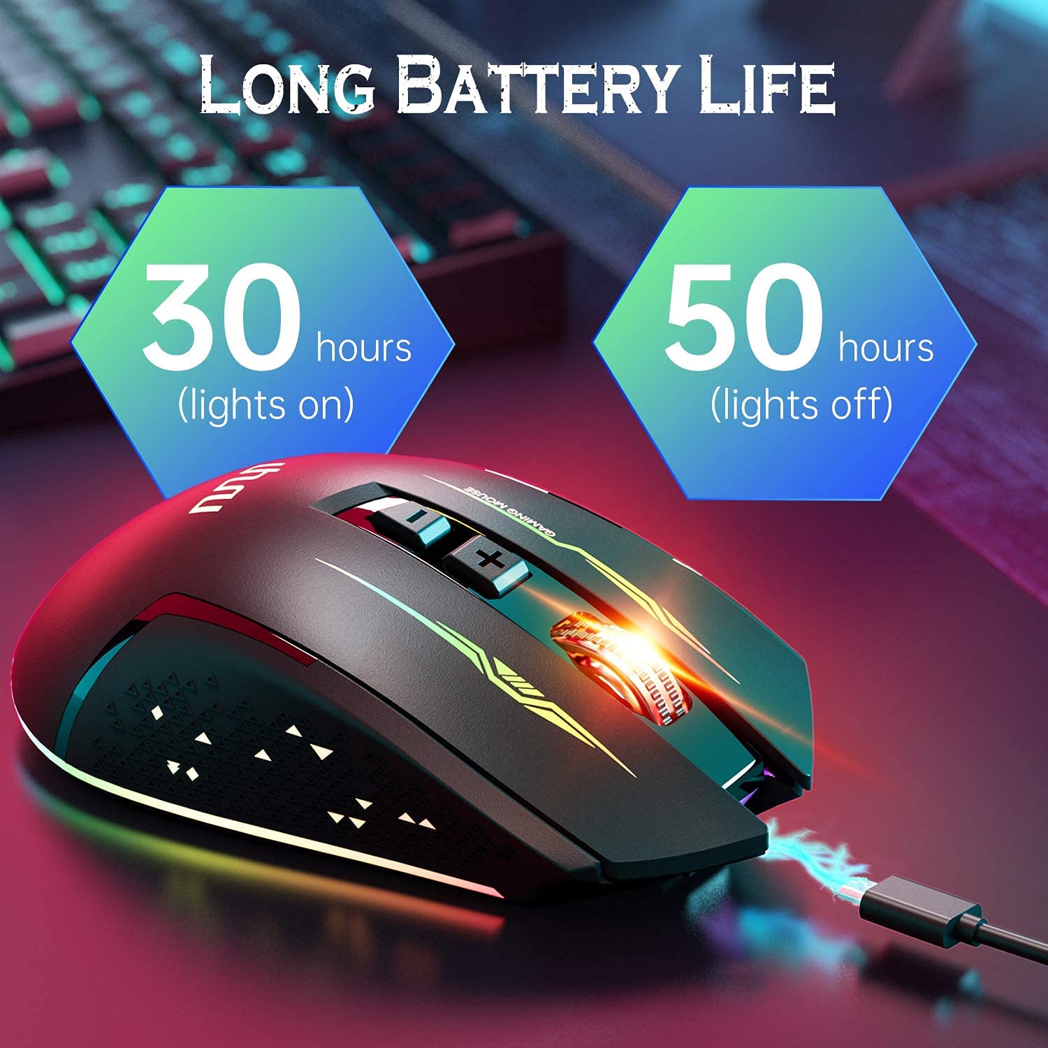 UHURU Wireless Gaming Mouse, Wired and Wireless Dual Modes Rechargeable RGB Gaming Mouse with 7 Programmable Buttons, Ergonomic and 5 Adjustable DPI Levels up to 10000 DPI for PC Laptop Gamer (WM-07)