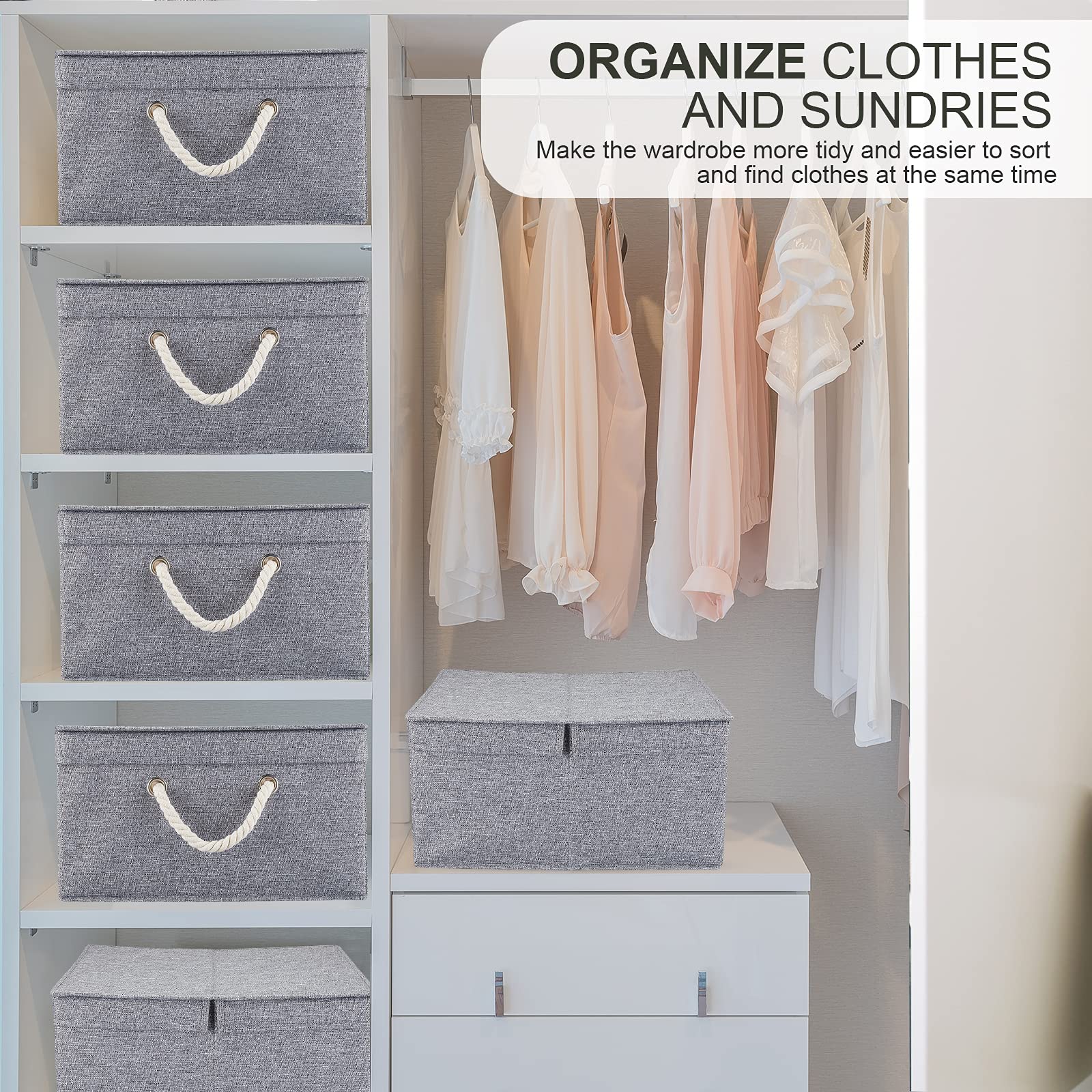 MeiMart Foldable Storage Box with Lid, Collapsible Linen Fabric Clothing Storage Bin Organizer Container Basket with Cover for Home/Bedroom/Office (Large