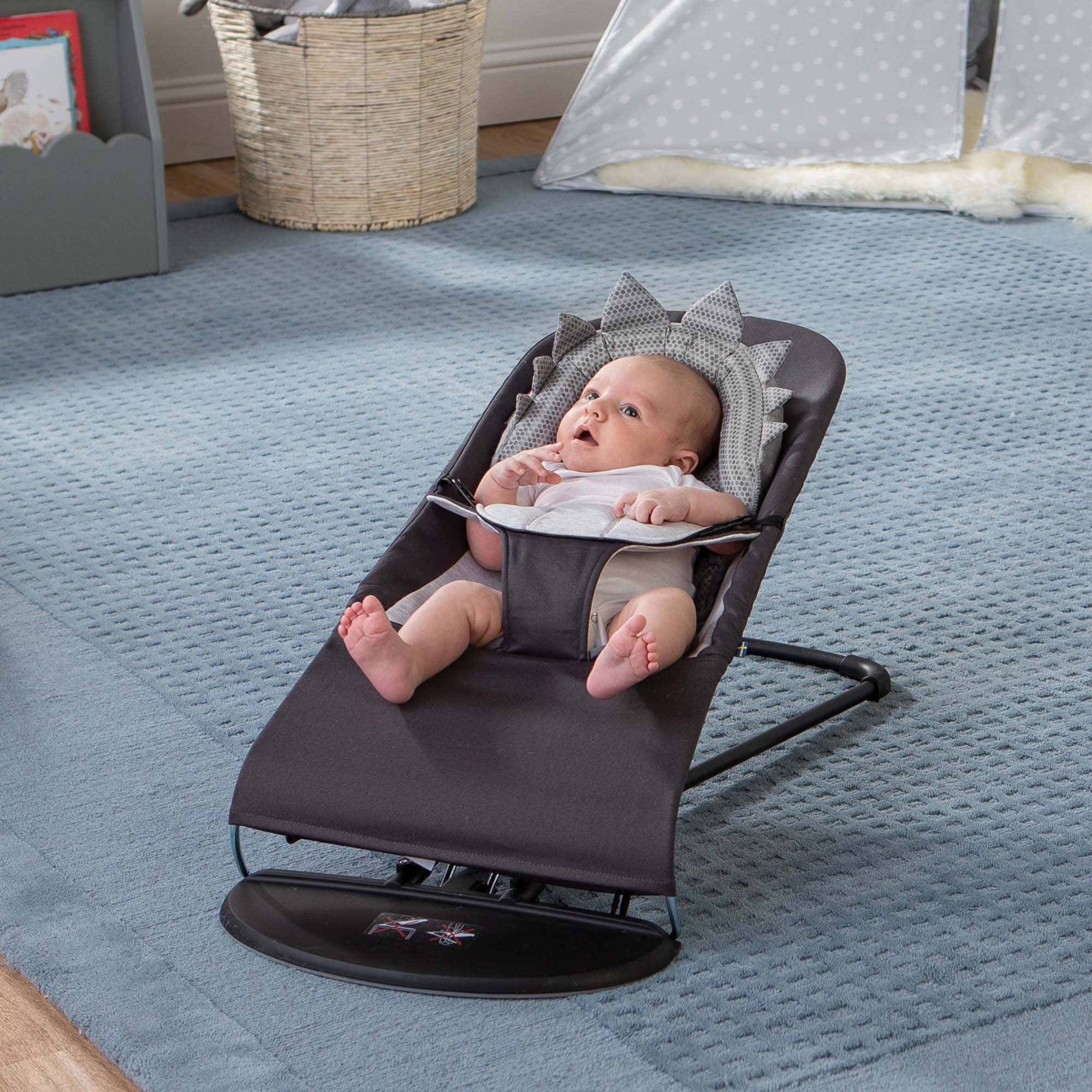 Boppy Preferred Head and Neck Support, Gray Dinosaur with Adorable Accents, Removable Neck Support, for 3- or 5-Point Harness Systems, for Strollers and Swings, 0+ Months.