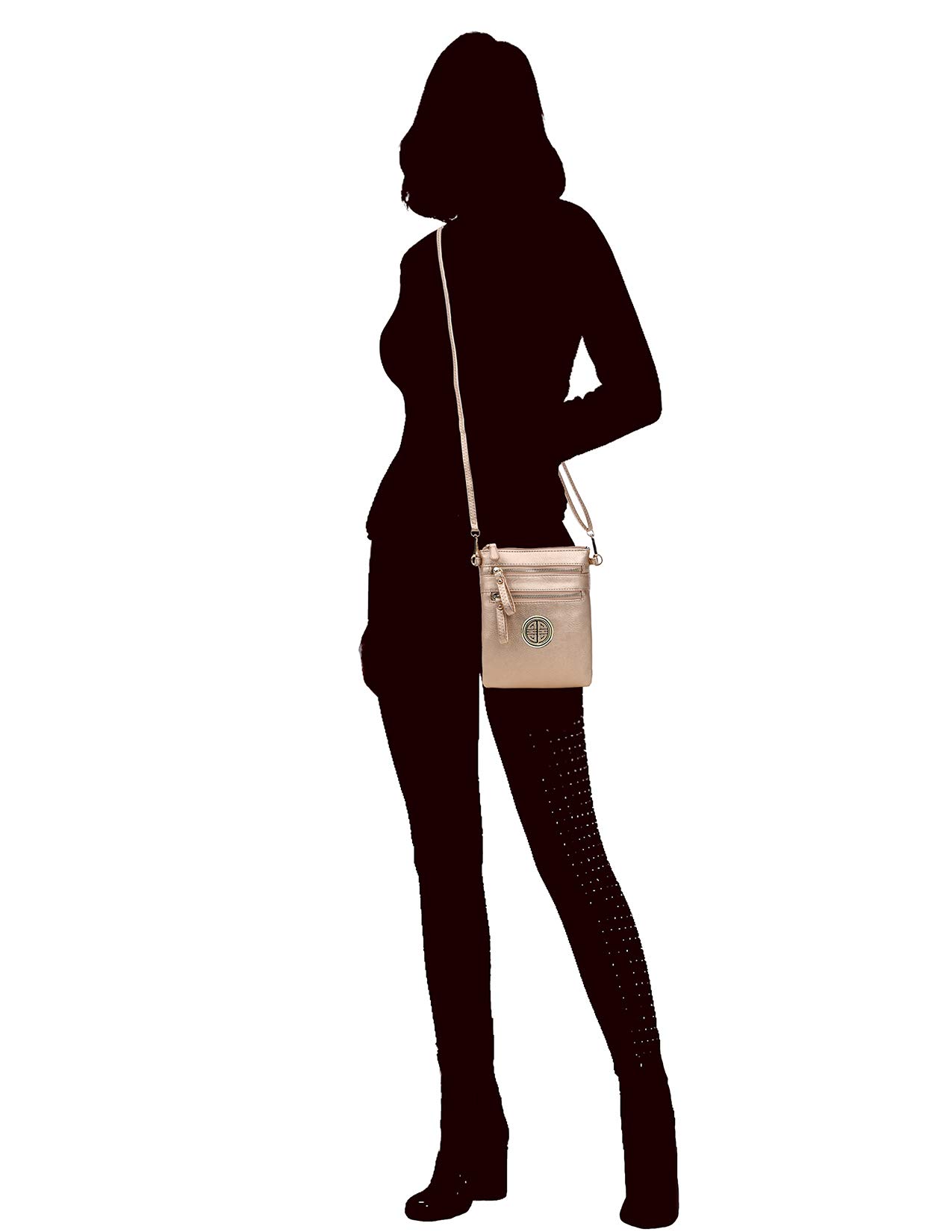 Solene Women's Faux Leather Organizer Multi Zipper Pockets With Detachable Wristlet Crossbody Bag -WU002L (Rose Gold-1)