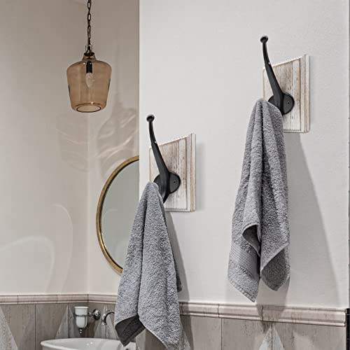 Lomuke Towel Hooks for Bathroom Wall Mounted, 2 Pack Farmhouse Rustic Wall Hooks for Hanging Coat Robe Hat Keys, Heavy Duty Wood Black Hooks for Entryway Kitchen Bedroom Decorative (Weathered White)
