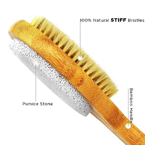 ICANdOIT Stiff Sisal Bristles 2 in 1 Long Handle Bath&Shower Brush,Bath Scrubber with Pumice Stone,Exfoliate&Soften Skin,Dry Brushing Body Brush for Cellulite&Lymphatic Drainage,Reduce ingrown Hairs