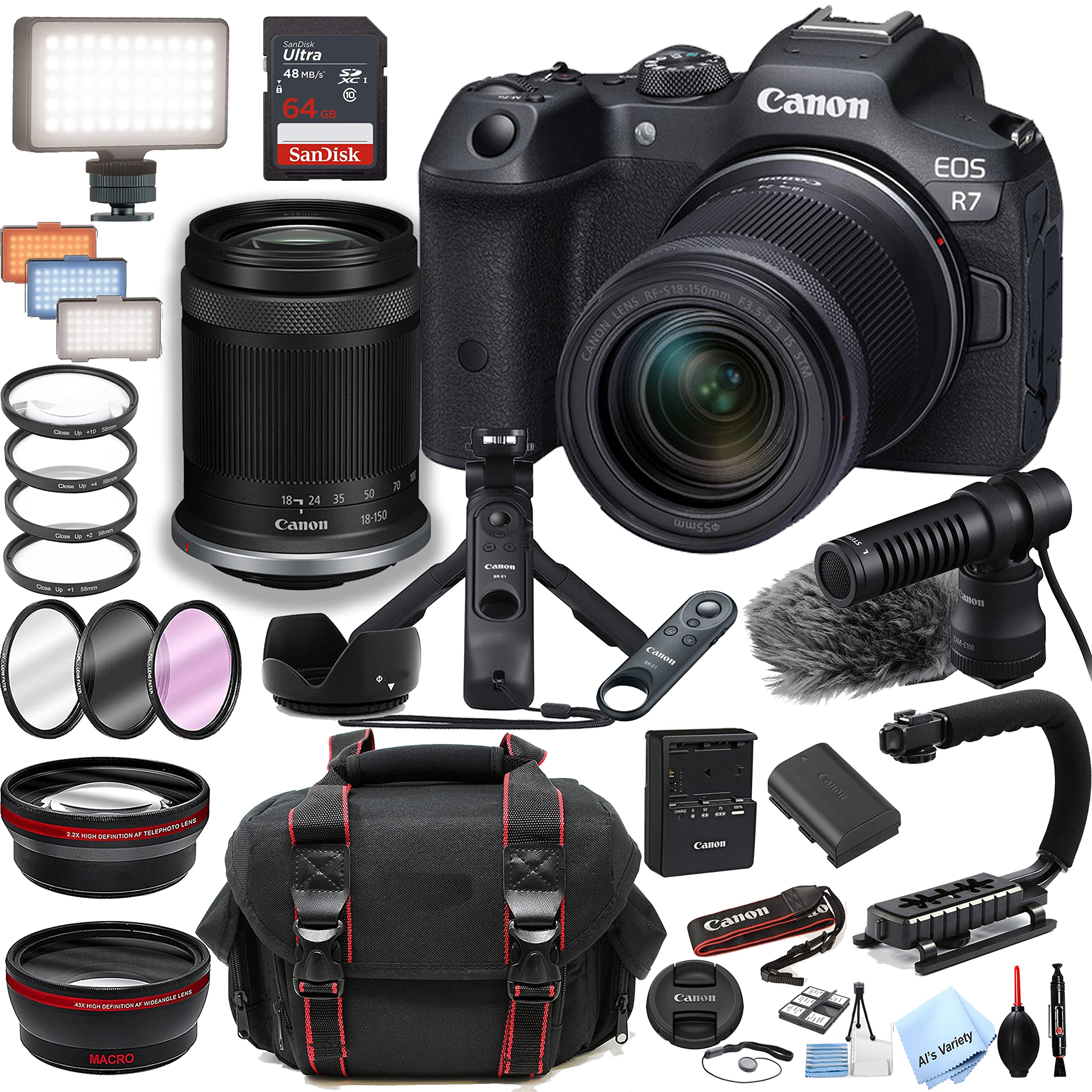 Canon EOS R7 Mirrorless Camera with 18-150mm Lens Content Creator Kit+ 64GB Memory + Case + LED Video Light + Stabilizing Grip +Filters & More (38pc Bundle)