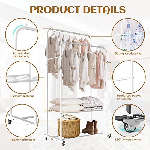 Metal Clothes Hanging Rolling Garment Rack with 2 Tier Shelves and Double Rod, Multi-Purpose Double Rail Standing Closet Storage Organizer, Upgrade Heavy Duty Rolling Pipe Coat Hanger for Boxes Shoes