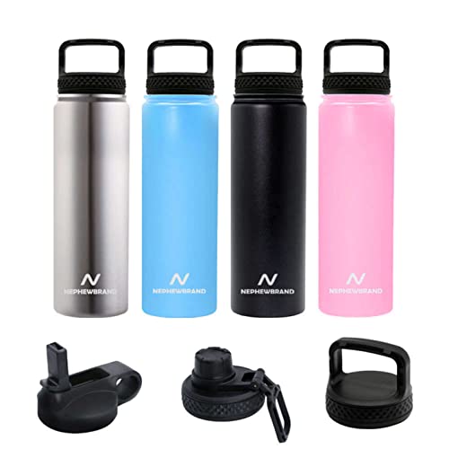 NEPHEWBRAND Sport Water Bottle โ 21 Oz Wide Mouth Insulated Vacuum with 3 Lids - Leak Proof, BPA Free - Sky-Blue