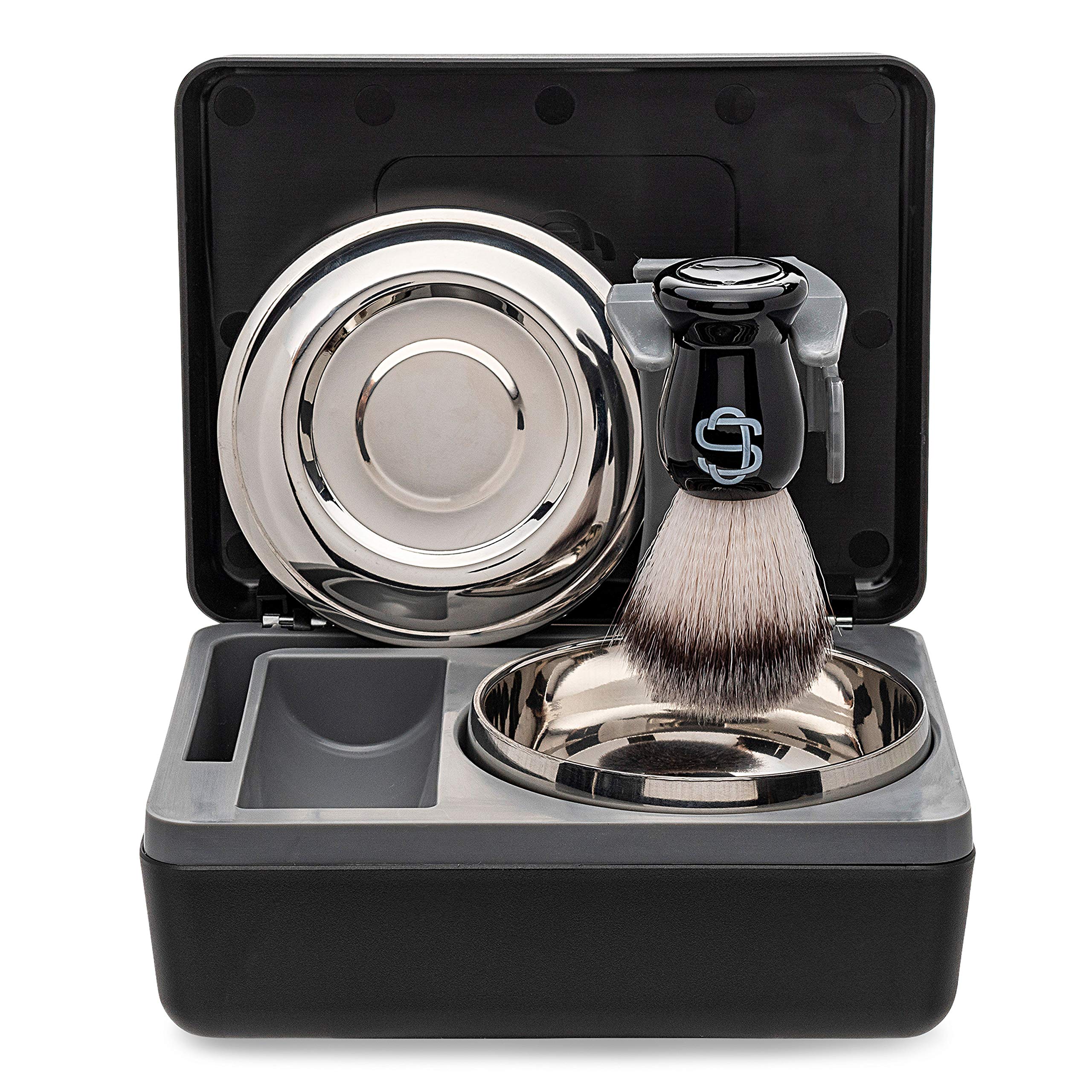 Caliber Shave Co. Travel Wet Shaving Kit | Includes Durable Case With Rotating Stand, Wet Shave Brush Made With Synthetic Material, And Aluminum Shave Bowl With Lid