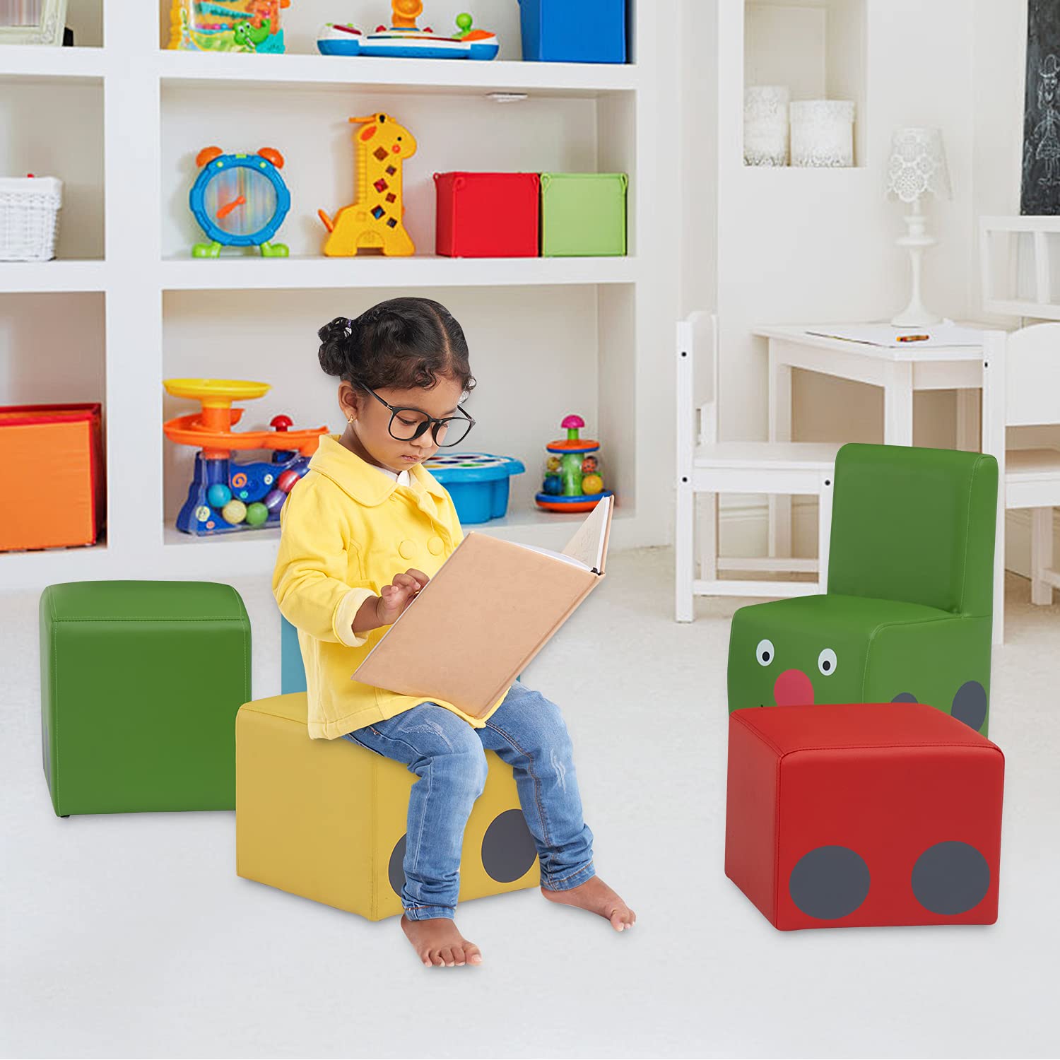 Kinsuite Kids Sofa Set - 5 Pcs PVC Leather Foam Toddler Lightweight Wooden Frame Cartoon Chair & Stools for Nursery School Daycare Kingdom Home Activity Room