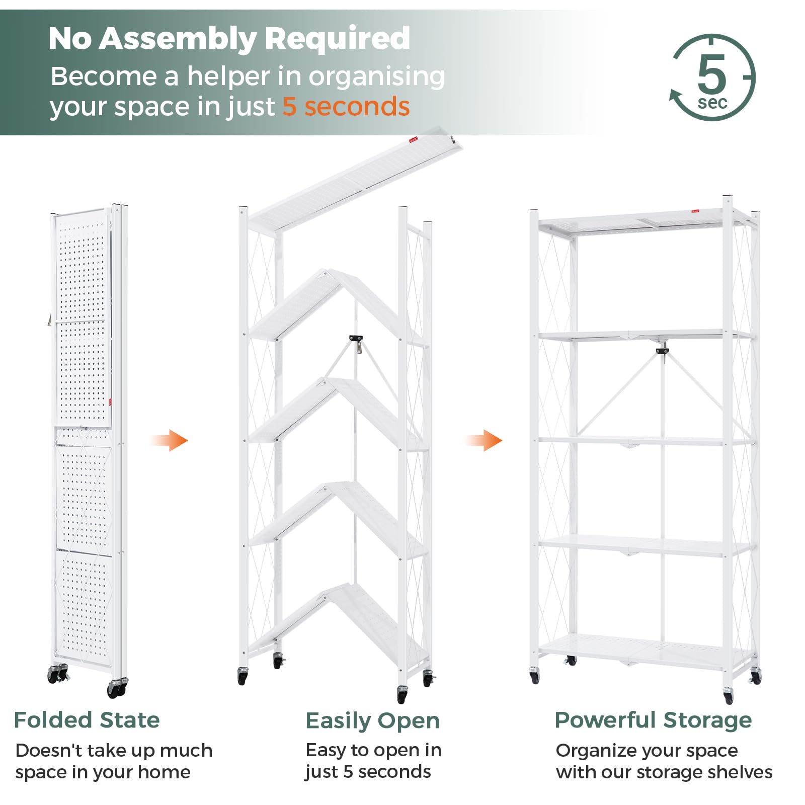 DEANIC 5 Tier Foldable Storage Shelves with Wheels, Large Capacity Shelving Unit, Freestanding Metal Wire Shelf Rack, No Assembly Organizer Rack for Garage Kitchen, Basement, Pantry(Black Pack of 2)