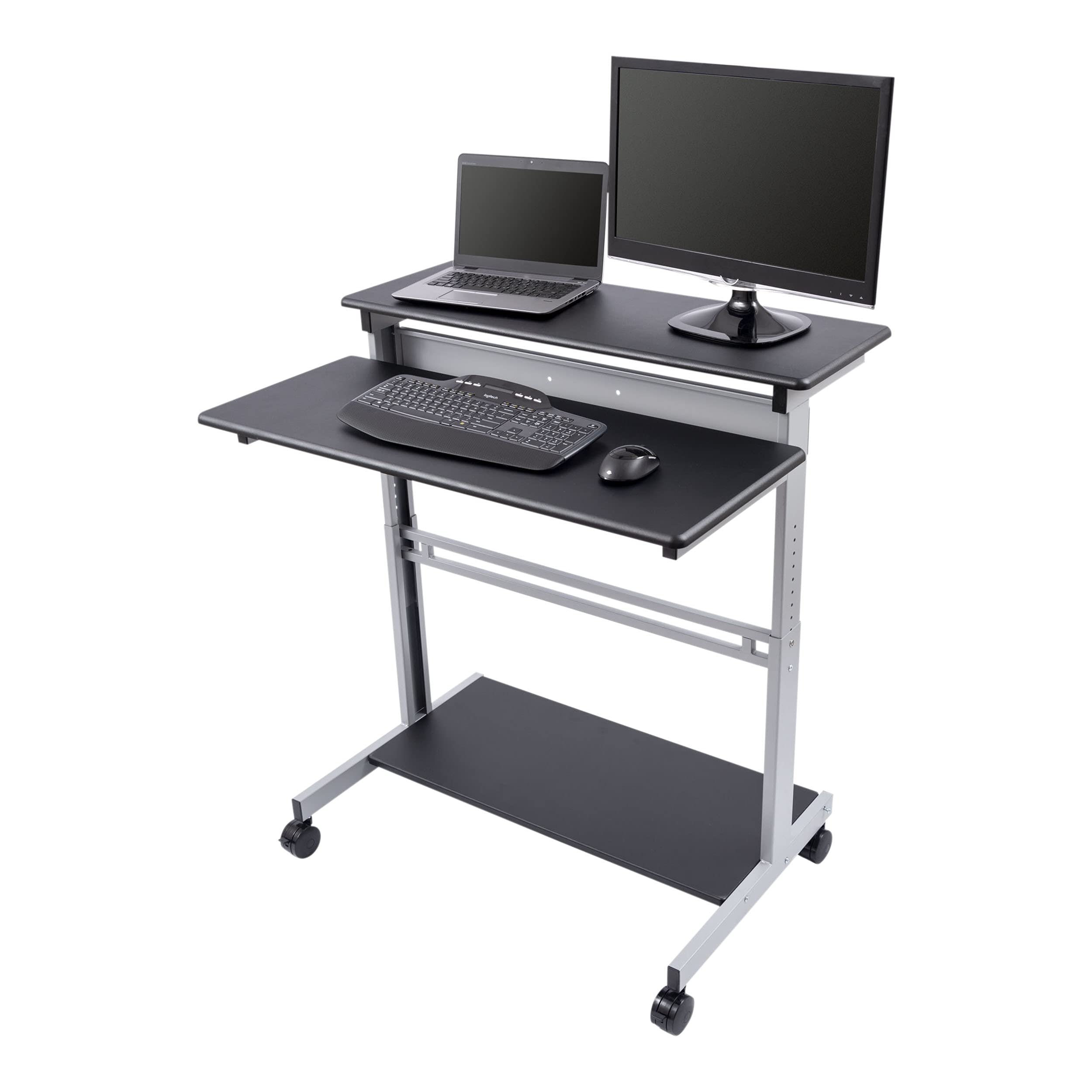 Stand Up Desk Store Rolling Adjustable Height Two Tier Standing Desk Computer Workstation (Silver Frame/Black Top, 40" Wide)