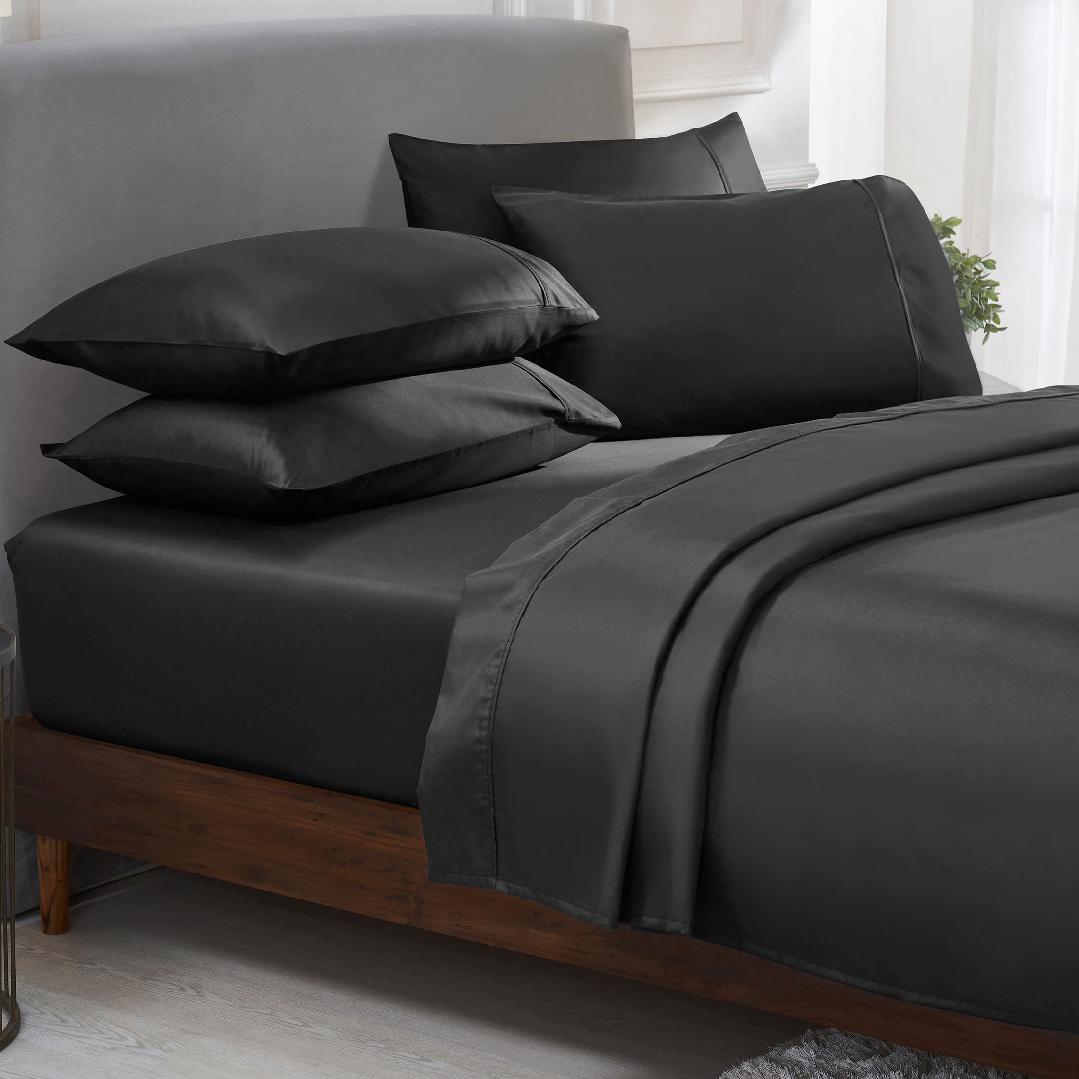 California Design Den King Size Black Sheet Set - 6 Piece Set Ultra Soft 100% Cotton Sheets, 400 Thread Count Luxury Sateen Weave, Deep Pocket Bedsheets, Includes 4 Pillowcases (King, True Black)