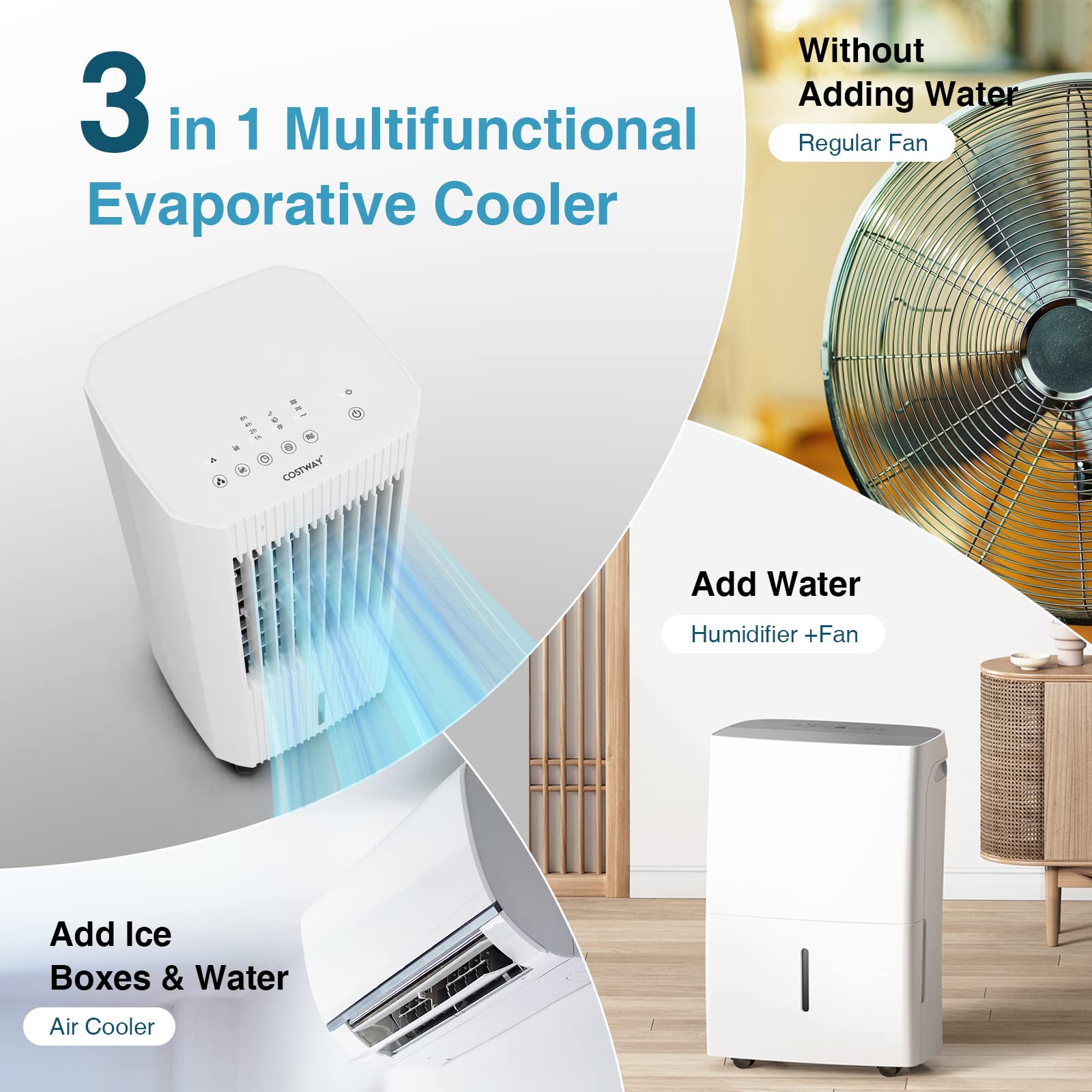 COSTWAY Evaporative Air Cooler, Portable Swamp Cooler with Remote, 2 Ice Packs, 15H Timer, 1.3 Gal Water Tank, 60° Oscillation, 3 Modes, 3 Speeds, LED Display, Evaporative Cooler for Bedroom Office