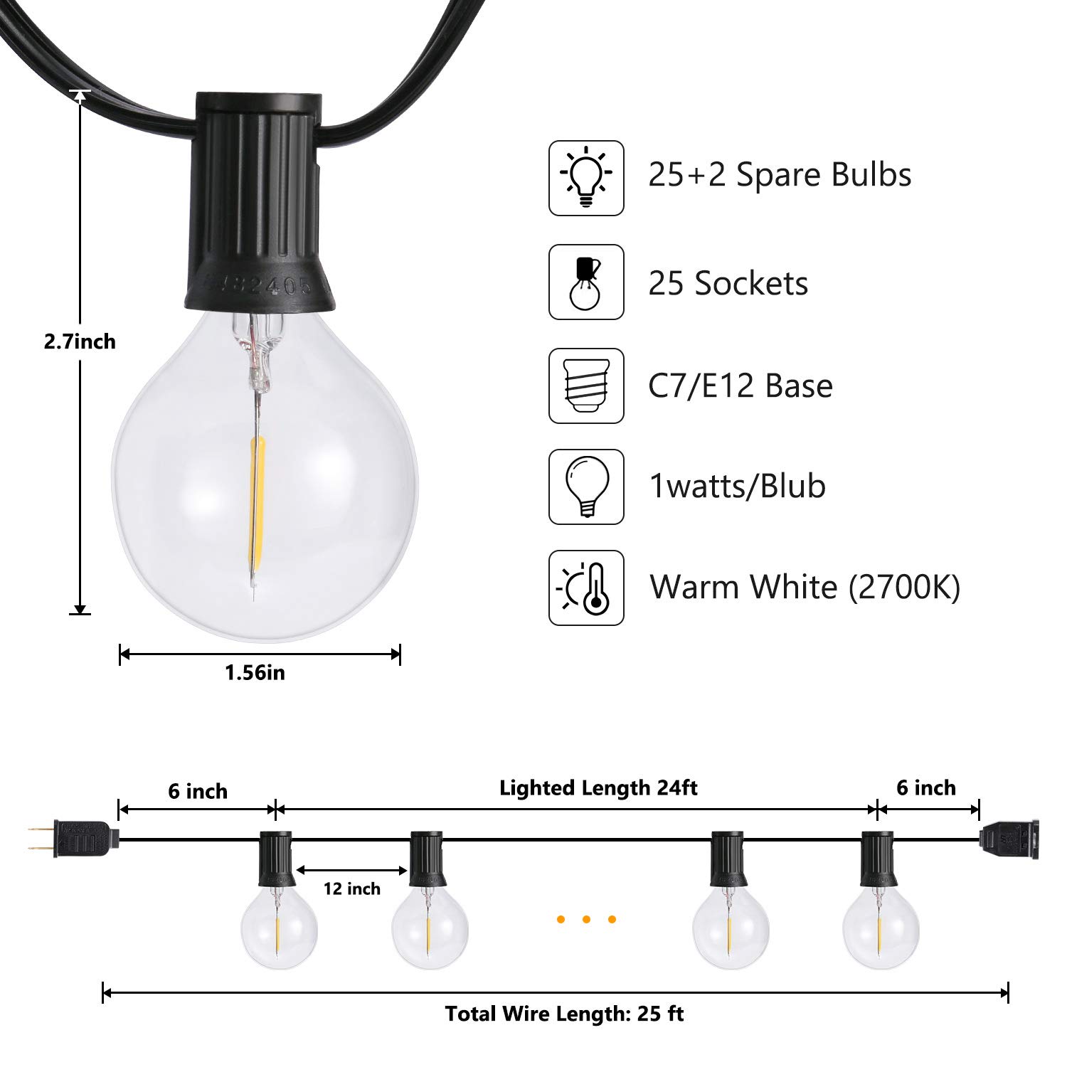 BrizLabs Outdoor String Lights, 25ft 25 LED G40 Globe Patio String Lights, Weatherproof Edison Hanging String Lights for Garden Backyard Wedding Party Bistro Indoor Decor, E12 Socket, 2700K