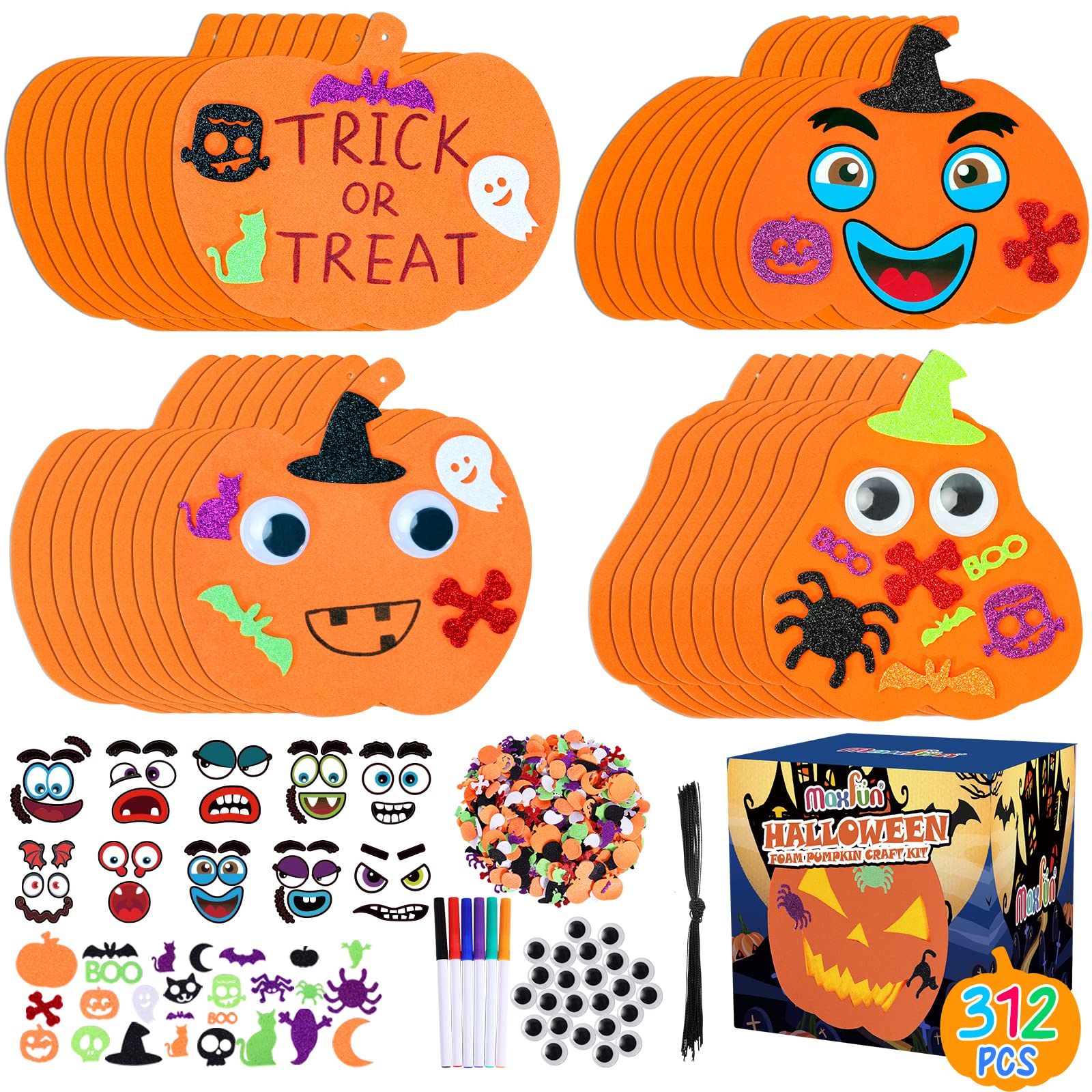 Max Fun 312PCS Halloween Pumpkin Foam Stickers, Halloween Craft Kit for Kids Bulk Glitter Set DIY Self-Adhesive Halloween Decoration