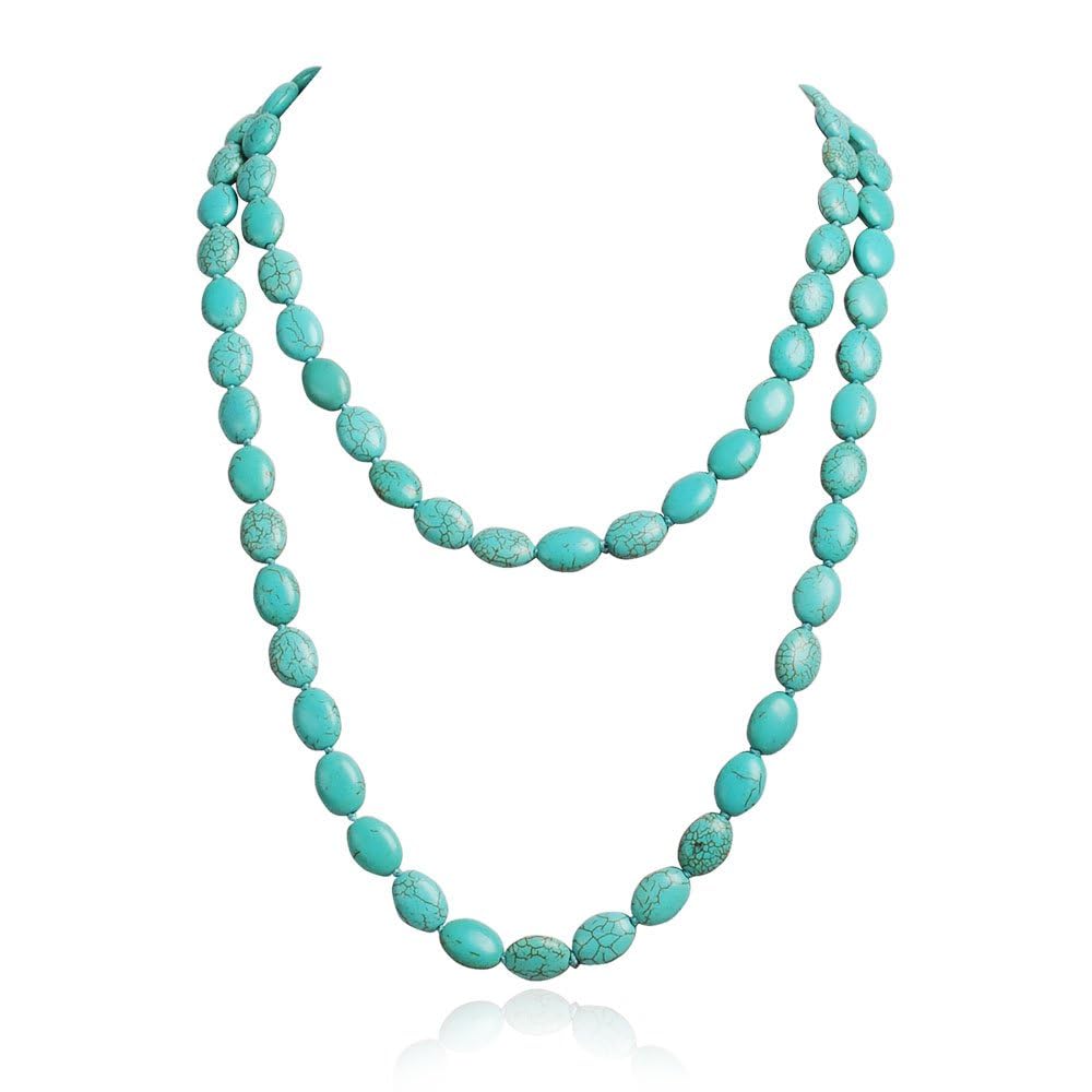 Jane Stone Funky Oval Shape Necklace Turquoise Double Strand Layers Cluster Necklace Pendant Bib Jewelry (Turquoise)