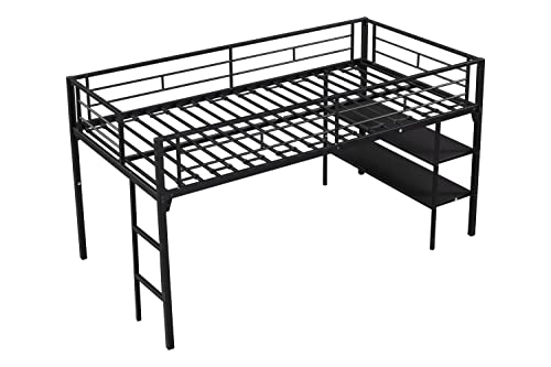Lostcat Twin Size Metal Loft Bed and Storage Shelves,Heavy Duty Metal Loft Bed w/Full Length Guardrails and Ladder,No Box Spring Needed,Suitable for Kids,Teens,Adults,Black