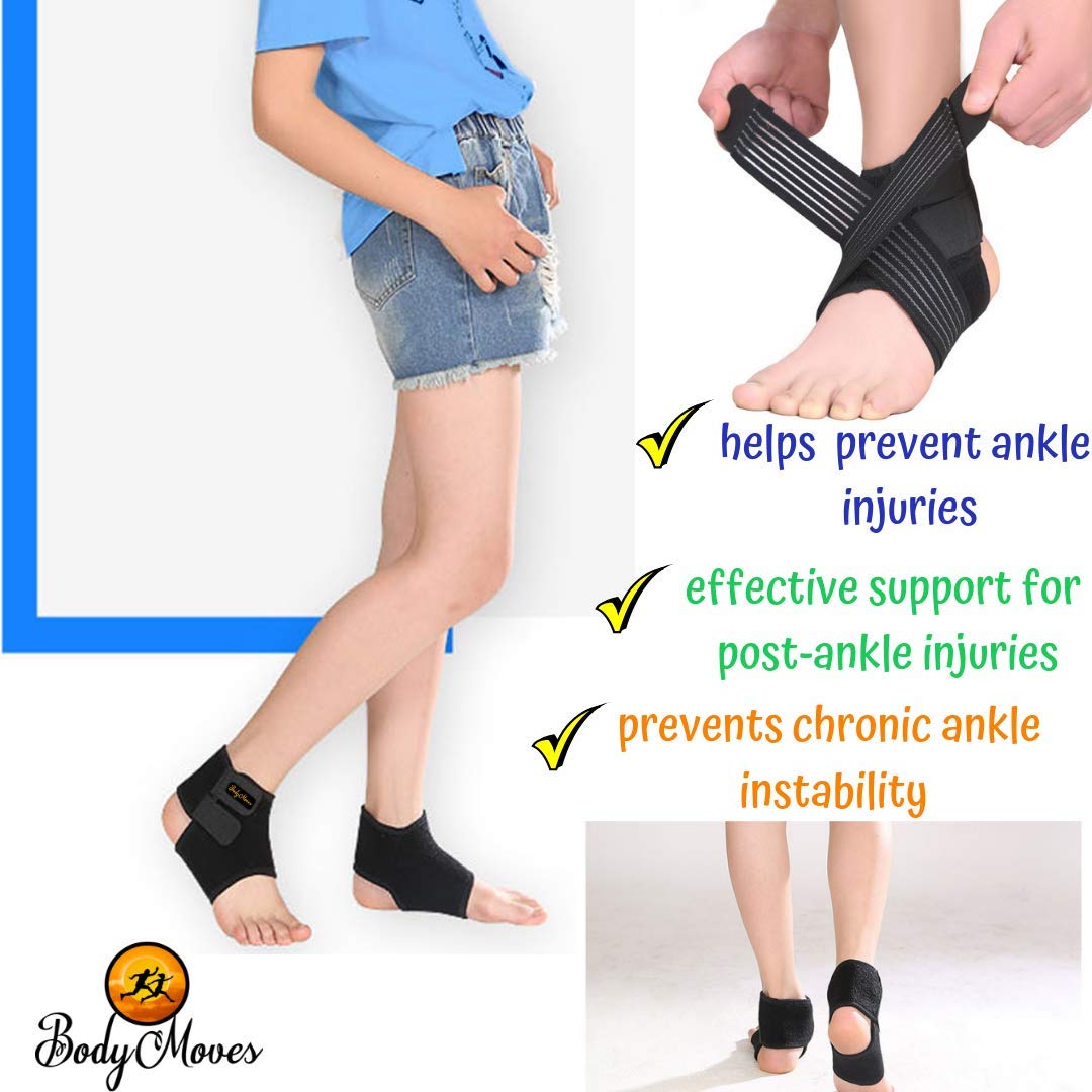 BodyMoves Kid's Ankle Brace Support Plus Hot and Cold Ice Pack (Sporty Black, MED for Big Kids (US 3.5-7))