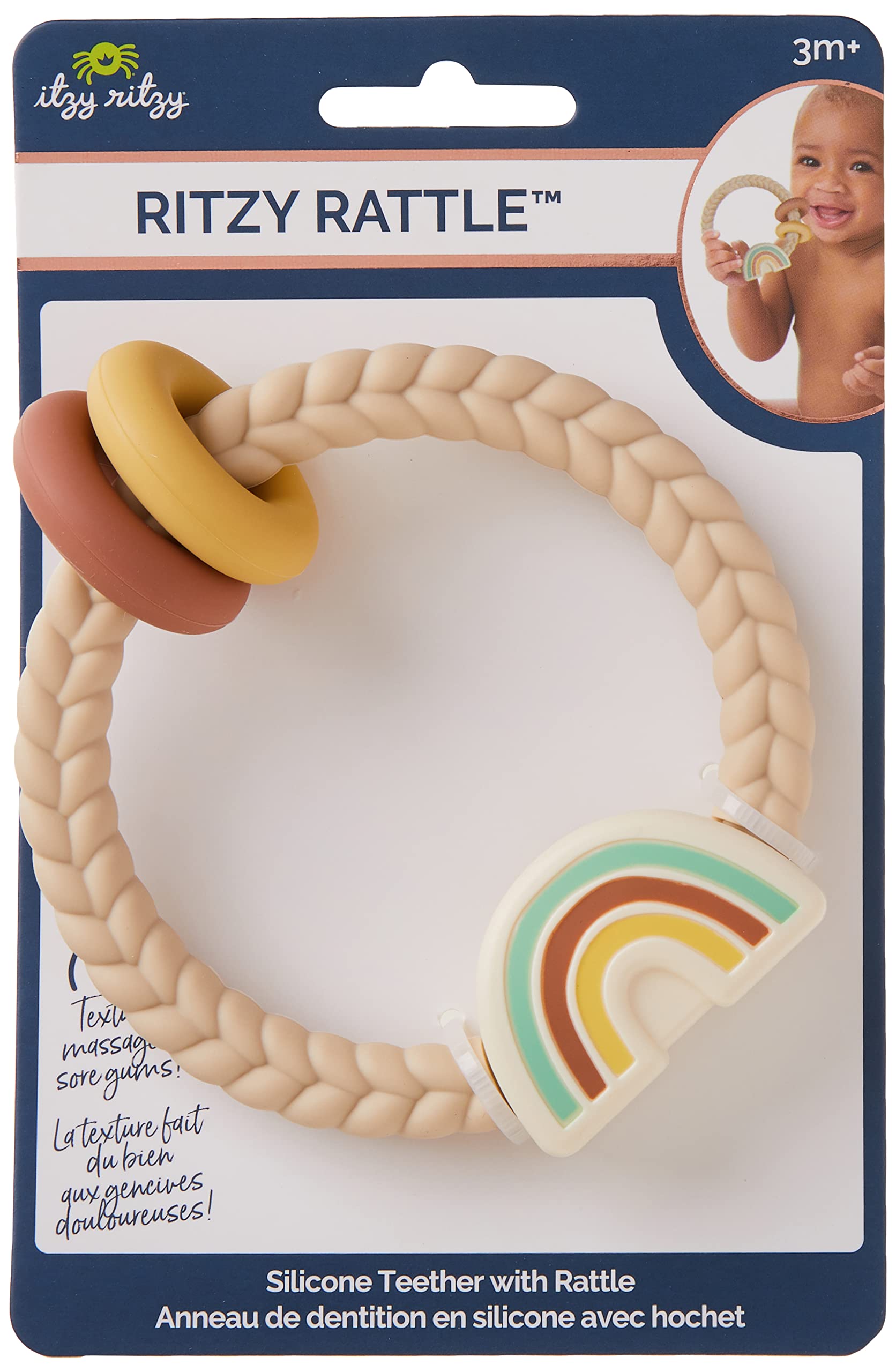 Itzy Ritzy Silicone Teether with Rattle; Rattle Teether Features Rattle Sound, Two Silicone Teething Rings and Raised Texture to Soothe Gums; Ages 3 Months and Up (Neutral Rainbow)