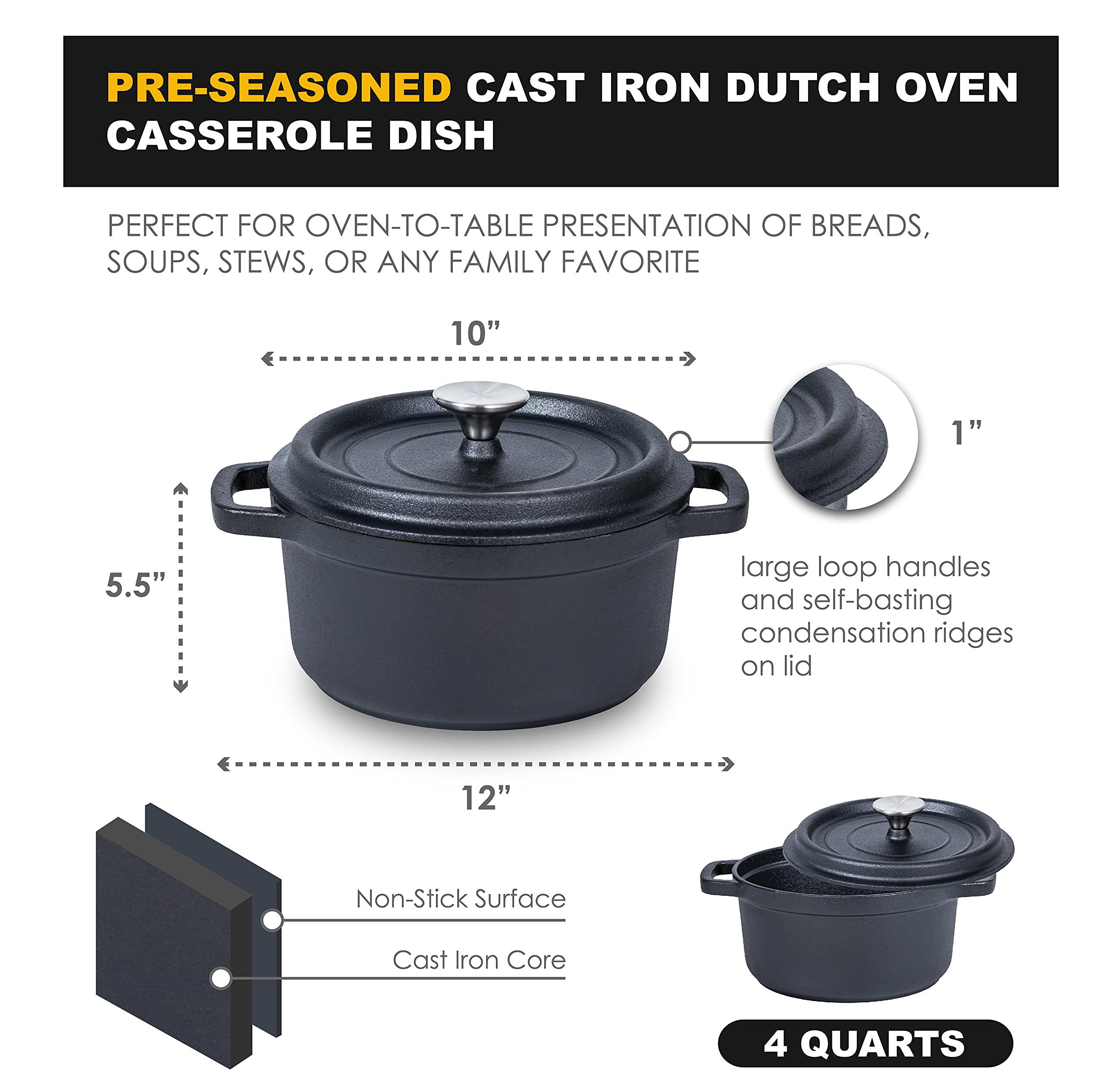 Bruntmor 4 Quart Pre-seasoned NonStick Cast Iron Dutch Oven With Handles, Lid And Silicone Accessories, 5.2 Qt Black Cast Iron Skillet with Loop handle, Cookware Braising Pan For Casserole