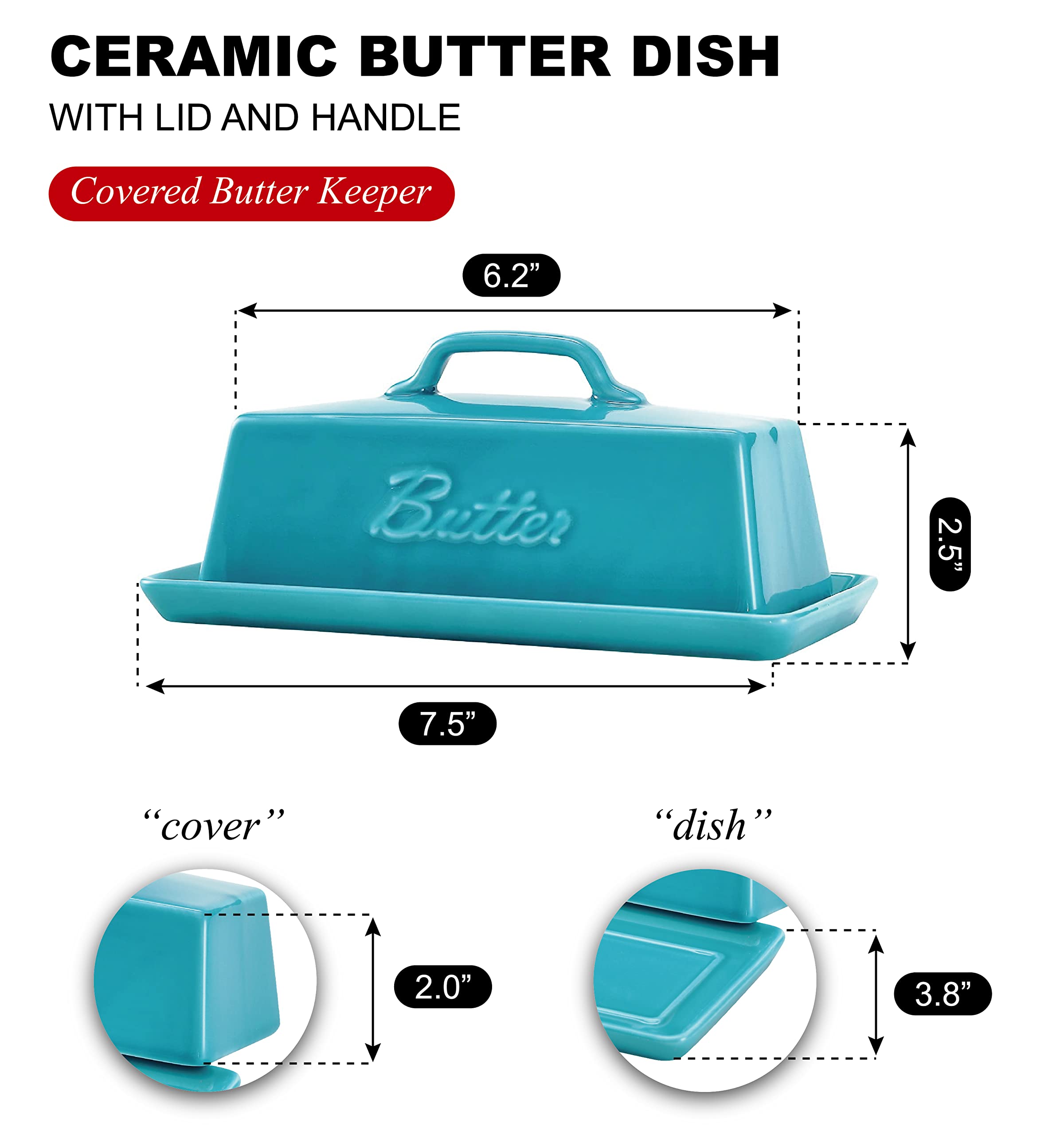 Bruntmor Porcelain Butter Keeper With Handle Cover, French Butter Dish Ceramic Butter Holder Container for Countertop, Butter Dish with Lid, Teal