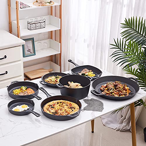 Bruntmor Pre Seasoned Kitchen Utensils Set Durable Cast Iron 8 Pc Bundle Pots And Pans Set Double Dutch Oven, 16" Pizza Pan, 3 Cast Iron Skillets & Square Grill Pan, Frying Pan| Giftable Cookware Set