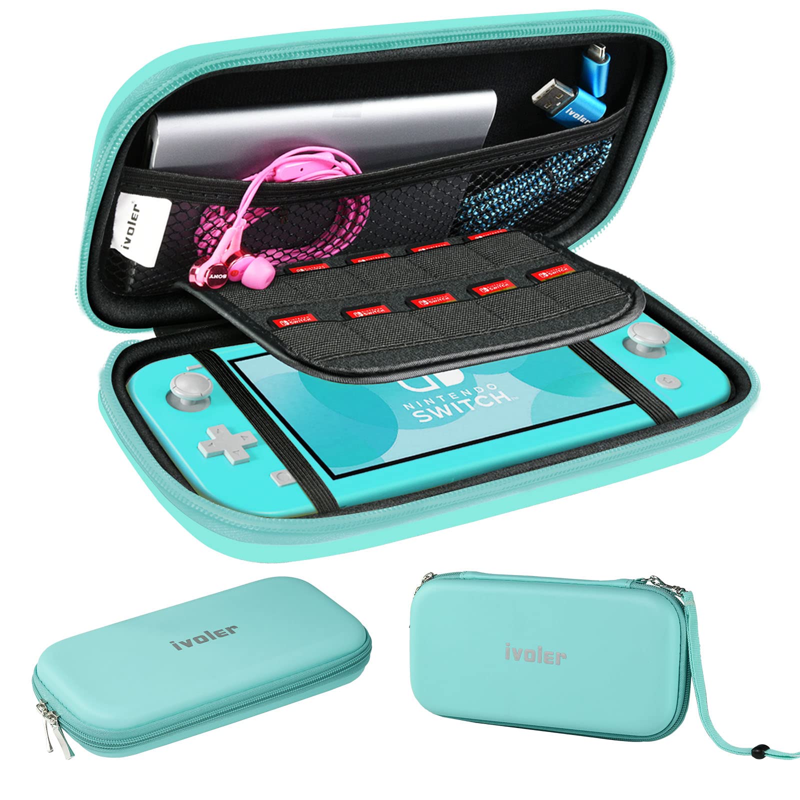 ivoler Carrying Case for Nintendo Switch Lite, Ultra Slim Portable Hard Shell Pouch Travel Game Bag for Switch Lite Accessories Holds 10 Game Cards,Turquoise