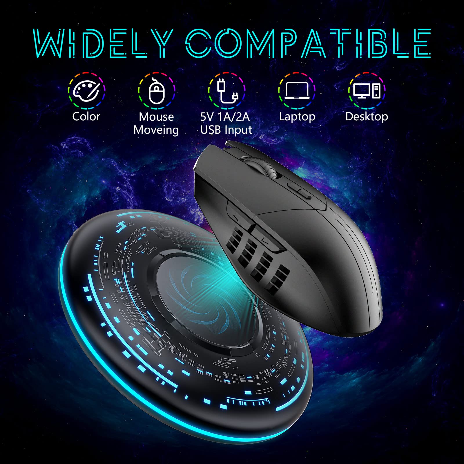 BNING Mouse Mover Device, RGB Breathing Light Mouse Jiggler Undetectable Mouse Shaker Simulator for Computer Laptop Awakening, Include USB C to USB Adapter & Charger (Black Vortex)