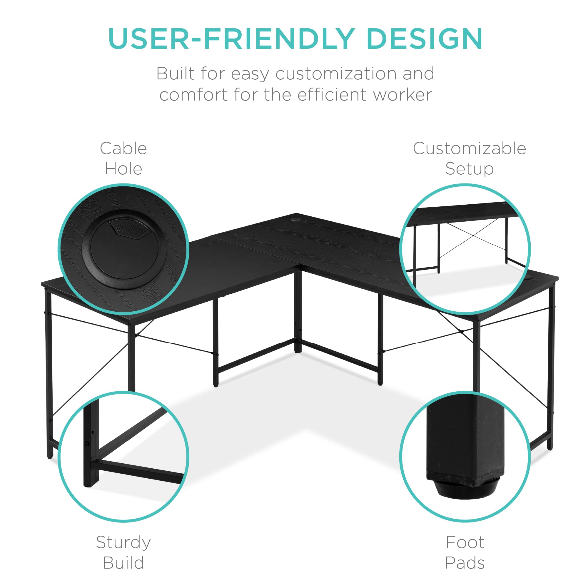 Best Choice Products 94.5in Modular L-Shaped Desk, Corner Computer Workstation, Long 2-Person Study Table for Home, Office w/Adjustable Legs, 200lb Capacity, Customizable Set Up - Black/Black