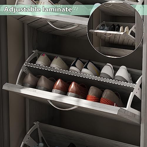 FAMAPY Modern Shoe Cabinet with 3 Flip Drawers, Freestanding Shoe Storage Cabinet, Slanted Design, Shoe Storage Organizer for Hallway Entryway Grey (22.4”W x 9.4”D x 42.3”H)