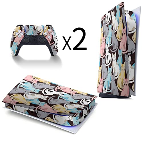Colorful Cats Full Protective Skin Cover Design Wrap Decal Sticker Compatible with PS5 Digital Edition Console and Controller