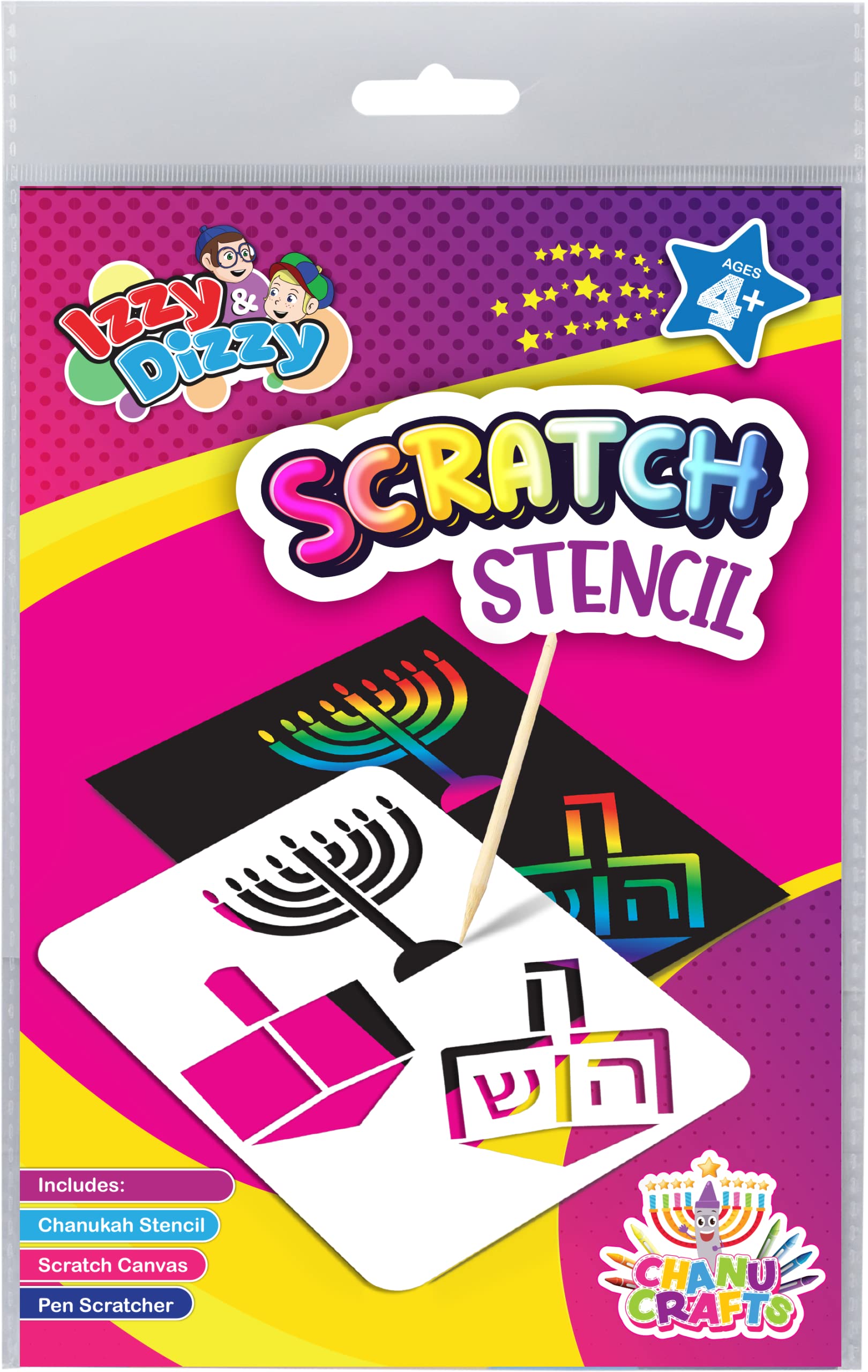 Izzy 'n' Dizzy Hanukkah Scratch Stencil Art Kit - 8" x 6" - Includes Sctatch Stick - Chanukah Arts and Crafts - Gifts and Games