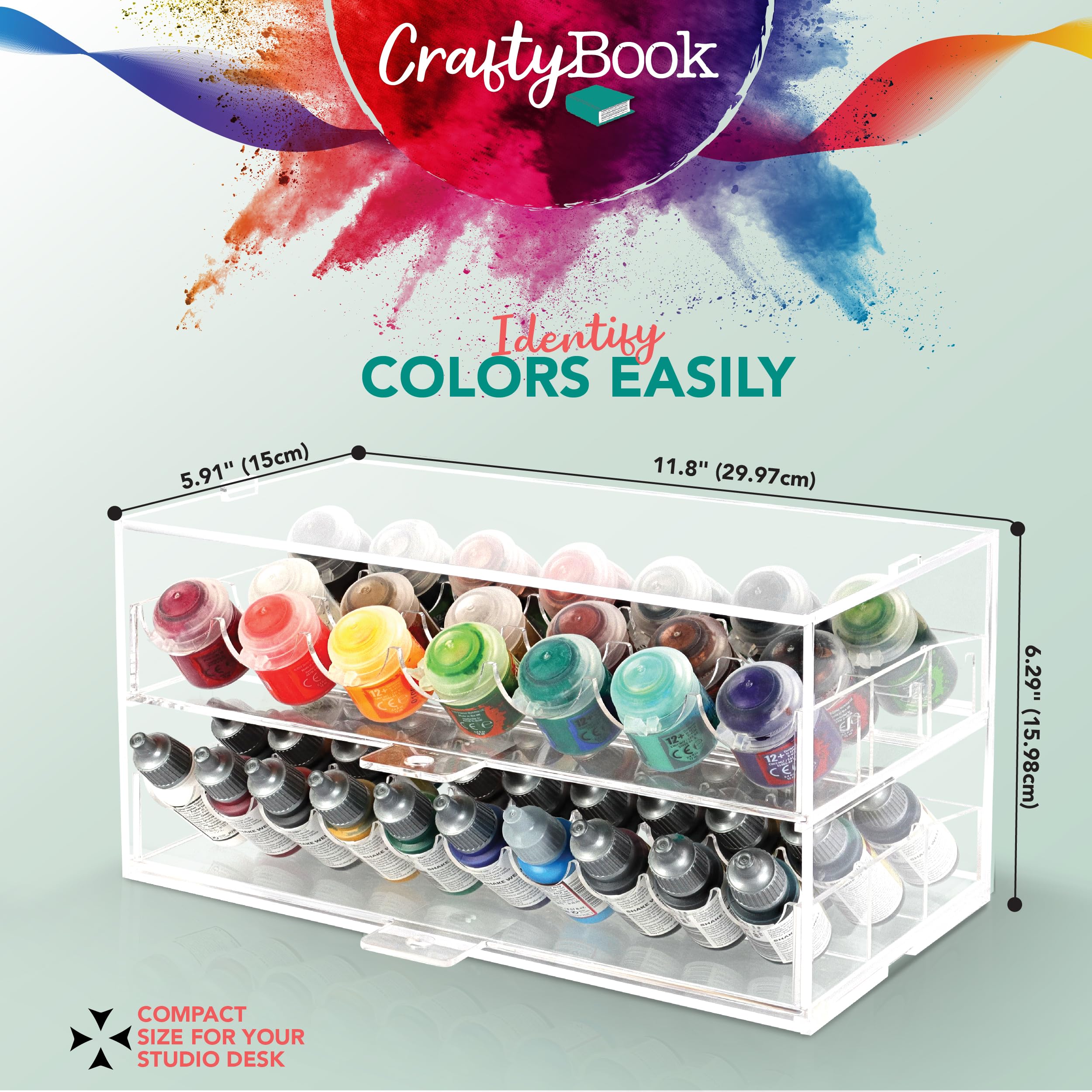 CraftyBook Acrylic Paint Storage Organizer - 50 Bottle Miniature, Hobby, Enamel, Model Paint Holder - 2 Drawer Clear Acrylic Craft Storage - Desktop Art Organization Container for Craft Room Studio