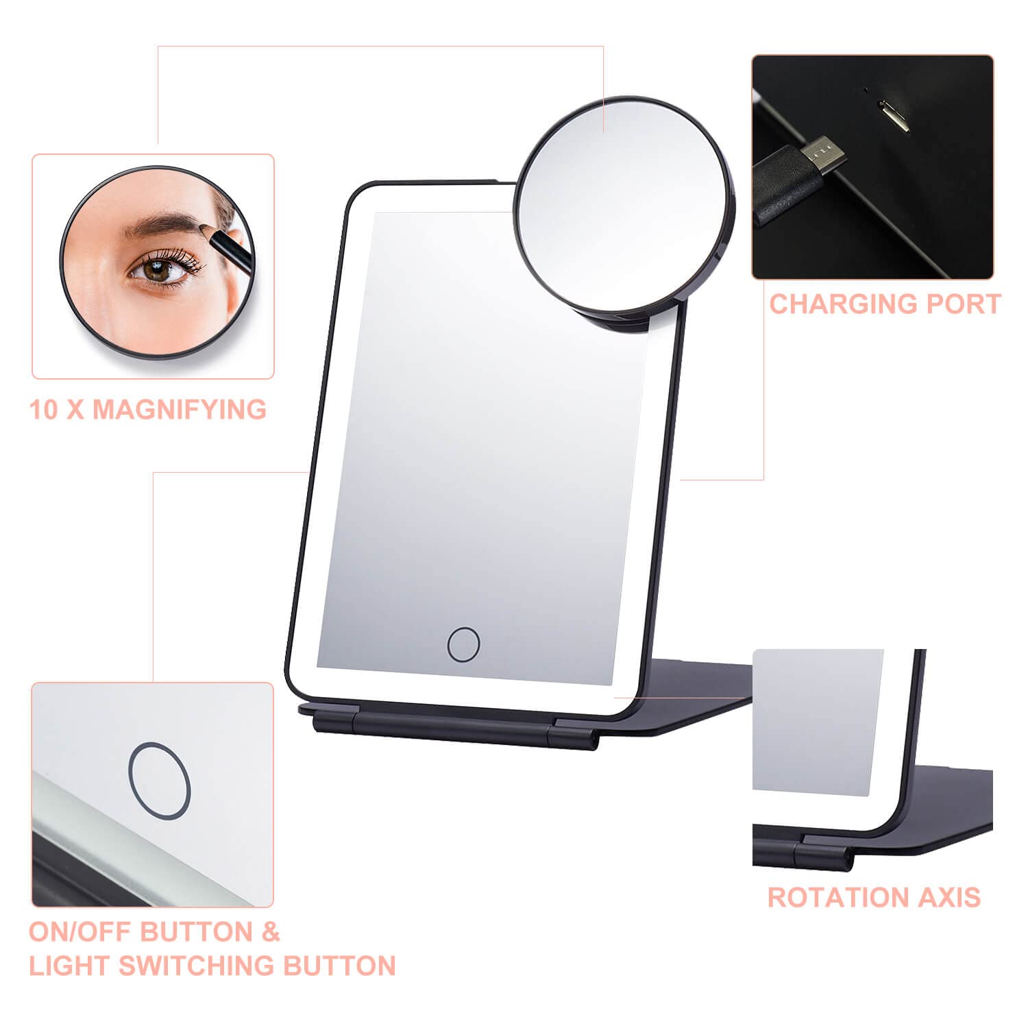 Foldable Double Sided Tabletop Mirror - Rechargeable Lighted Magnifying Mirror 10 X and 1X,3 Colors Light - Adjustable Foldable Handle for Makeup/Travel and Blackhead Removal.