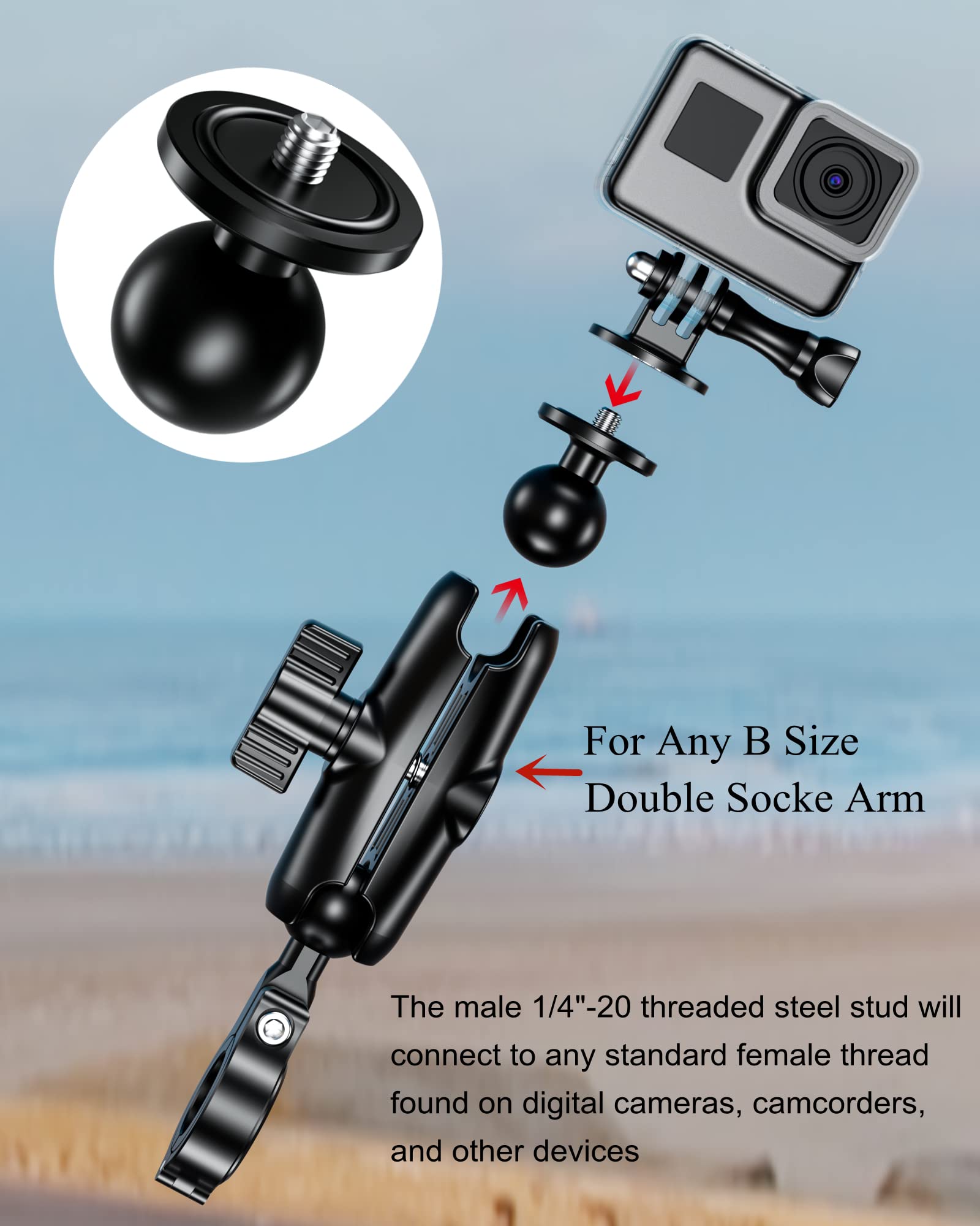 BRCOVAN Aluminum Alloy 1'' Ball Adapter with 1/4"-20 Threaded Stud for Action Camera & Camcorder Compatible with RAM Mounts B Size Double Socket Arm