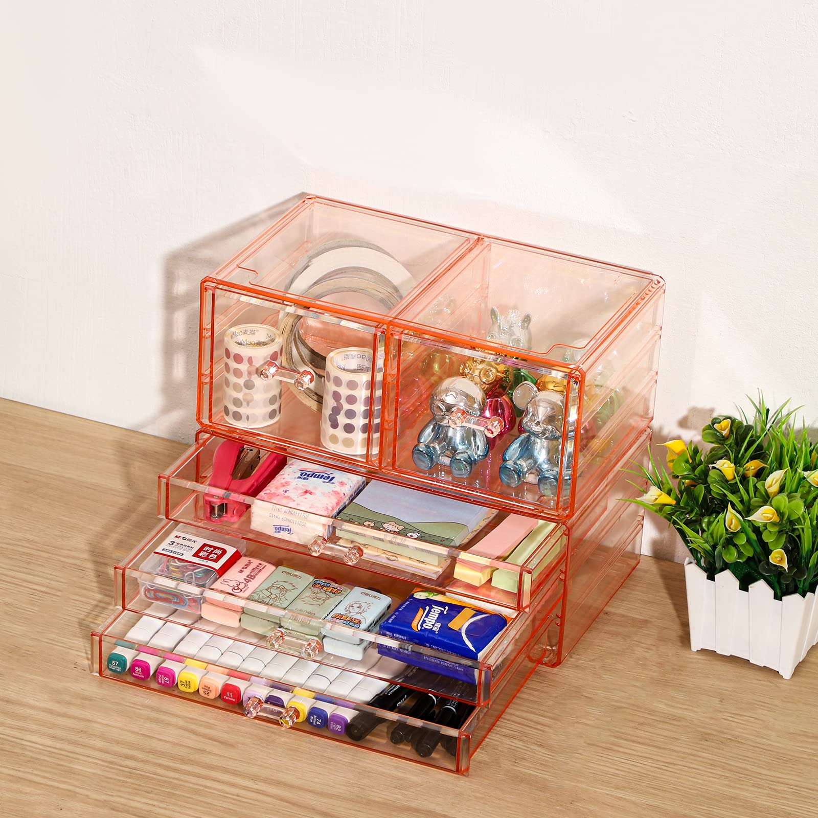 Cq acrylic Hair Accessory Organizer with 3 Long Drawers,Stacking Makeup Organizer and Desk Pink Drawer Containers,Stackable Cabinet Storage Bins For Palettes,Cosmetic,And Beauty For Vanity,Pack Of 1
