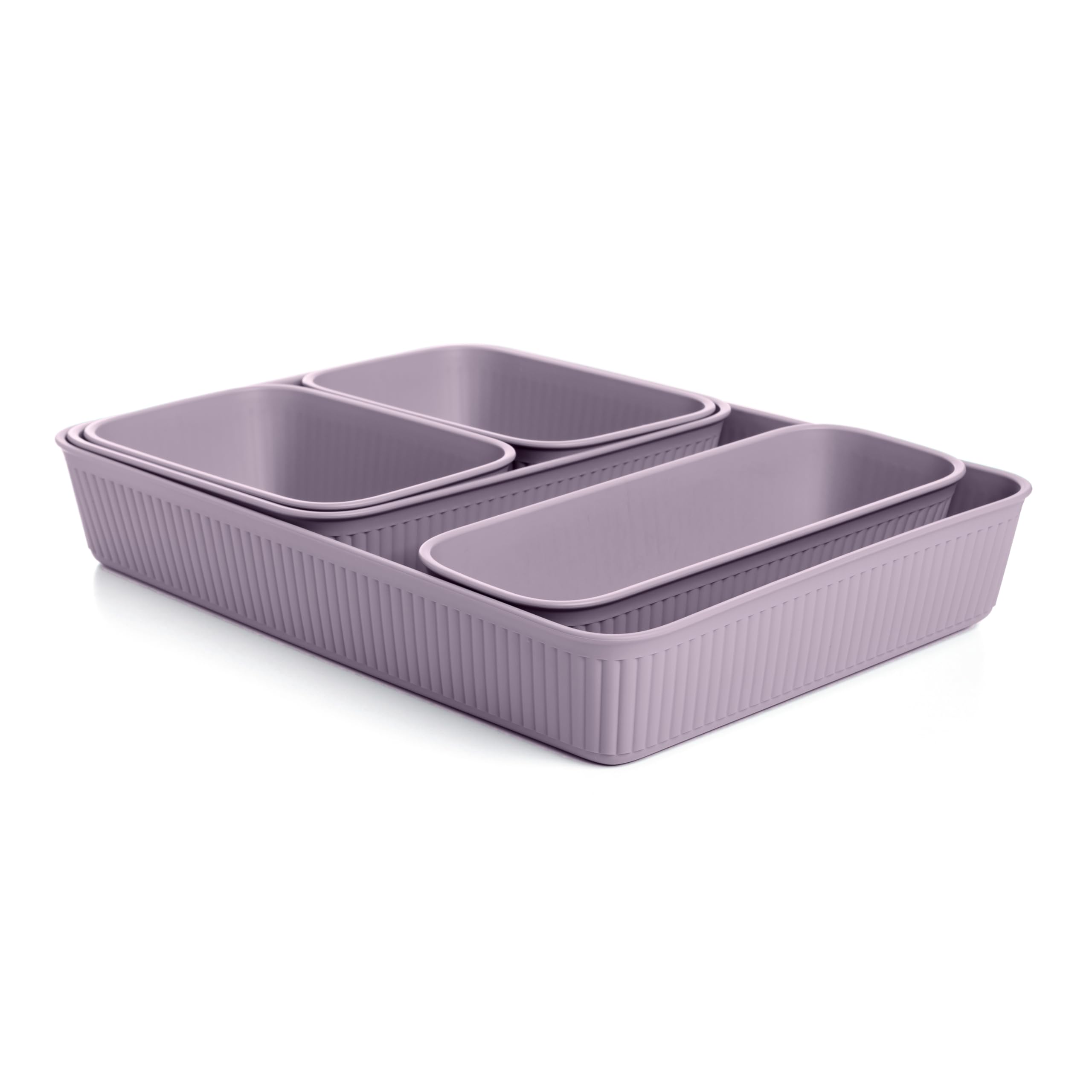 Decorative Plastic Desk Drawer Organizer Tray, Lilac Purple (Set of 5) Open Home Storage Bins Organizer Baskets, for Organizing Closet Shelves Drawer Shelf - Ribbed Collection